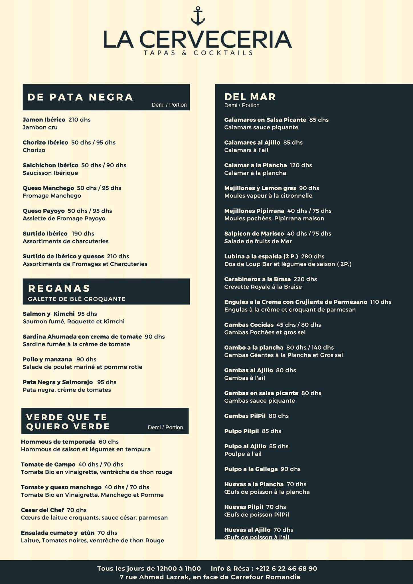 Menu au La Cerveceria Del Mar restaurant, Casablanca, 29 Rue de Terves