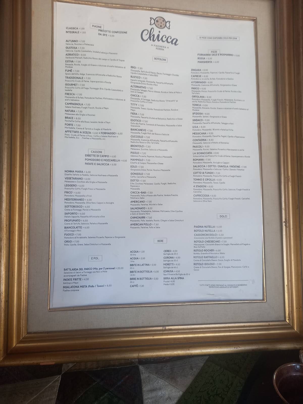 Menu at La Chicca restaurant, San Mauro Pascoli