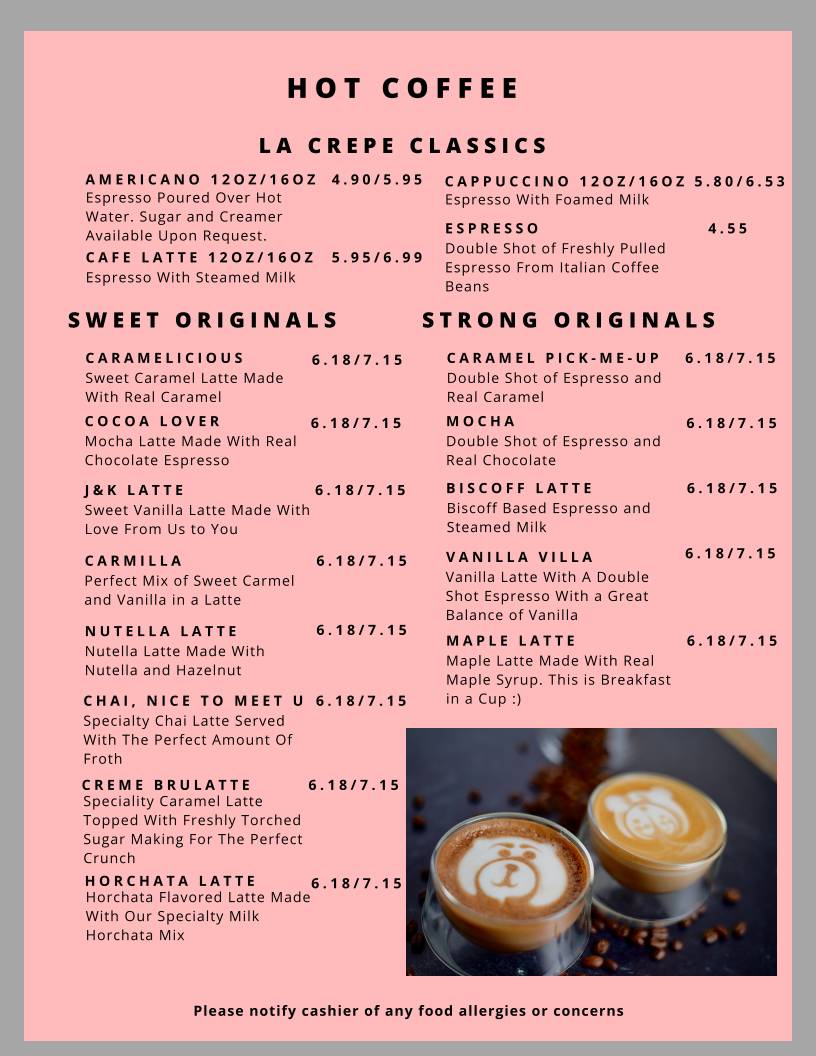Menu at La Crepe Og Gourmet desserts, Ogden