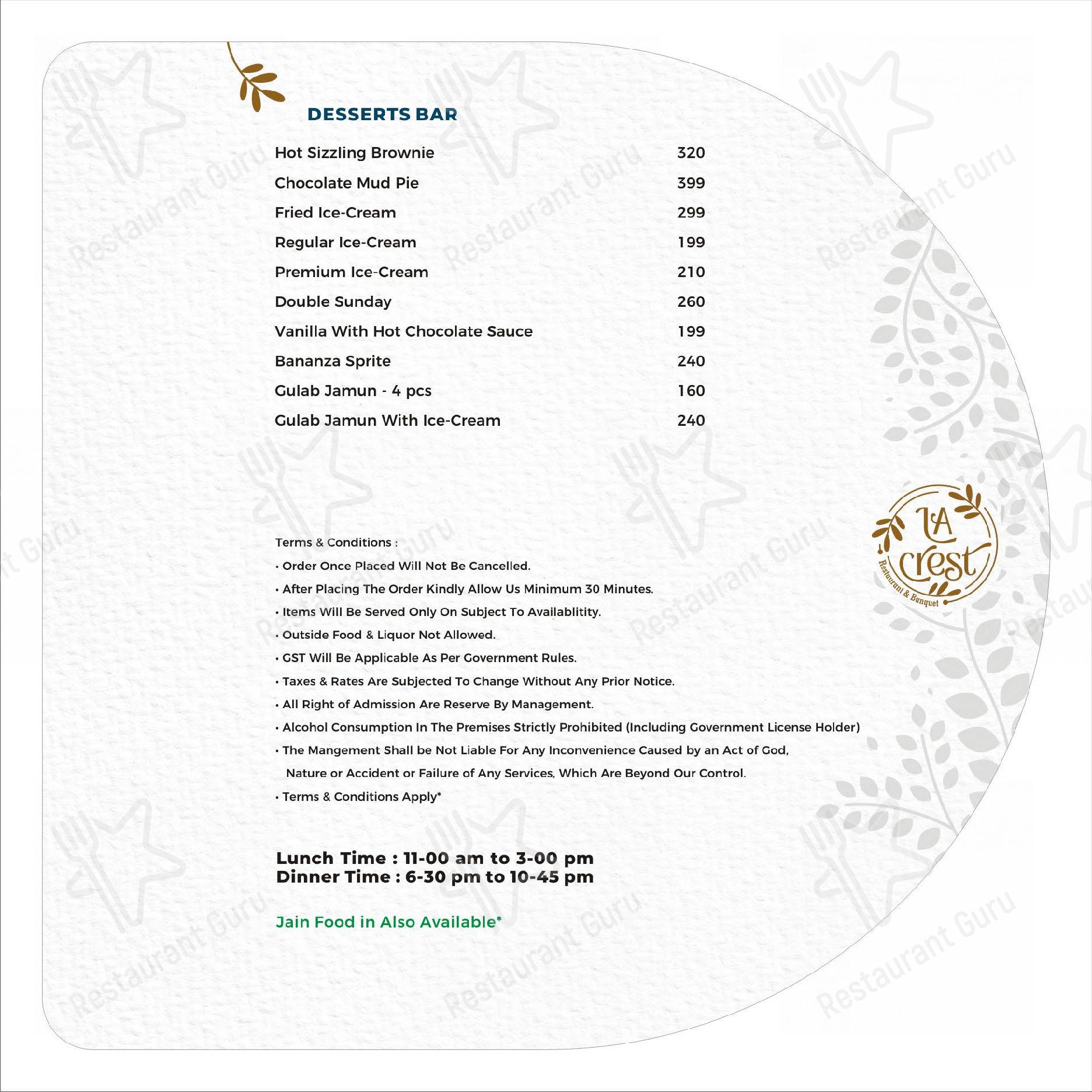 Menu at La Crest Restaurant & Banquet, Gandhinagar
