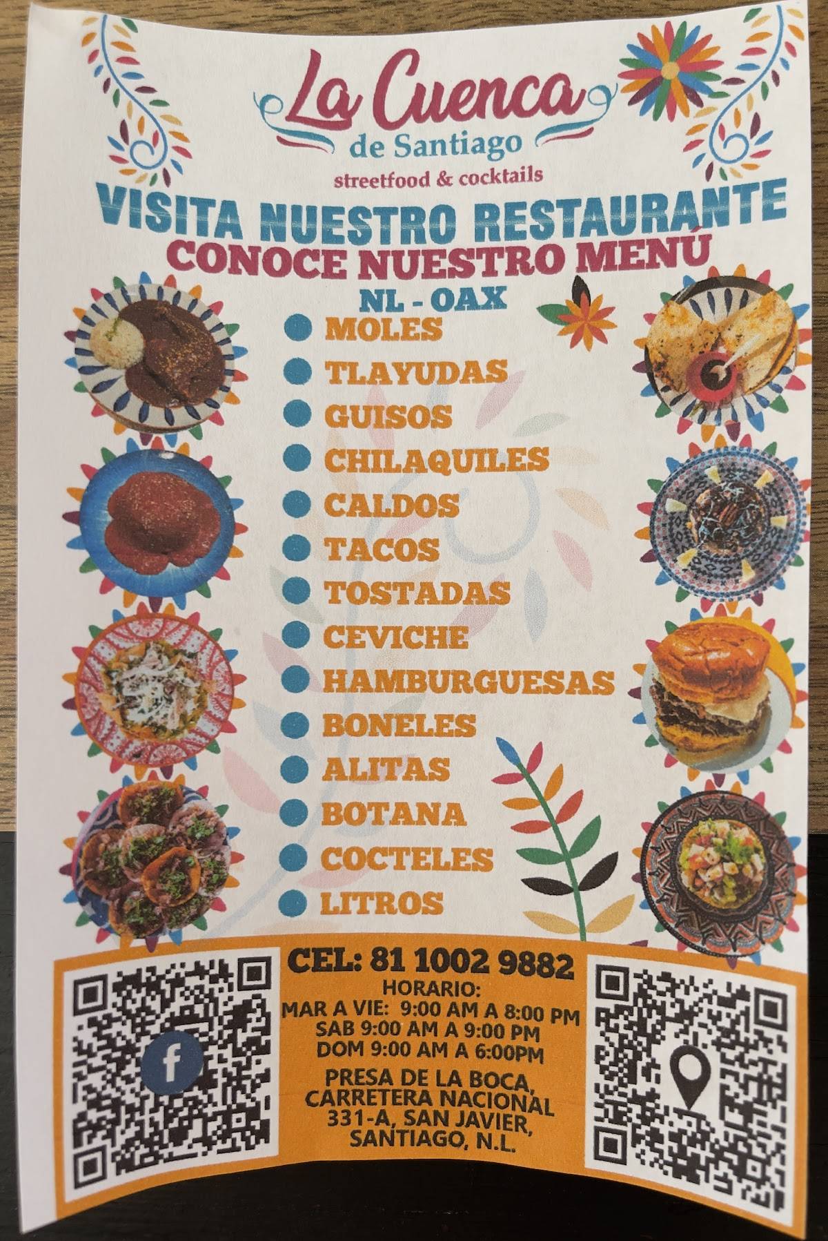 Menu at La Cuenca de Santiago, Monterrey