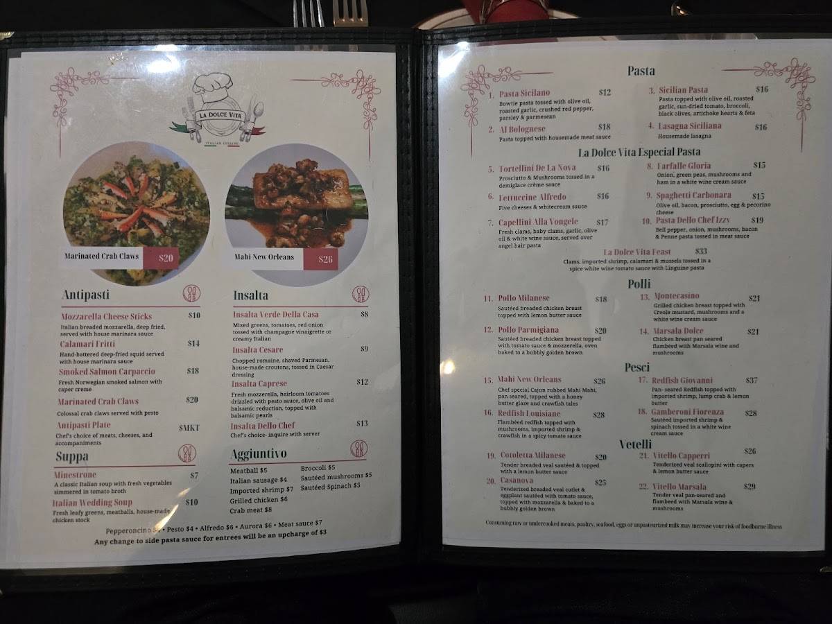 Menu at La Dolce Vita restaurant, Bossier City