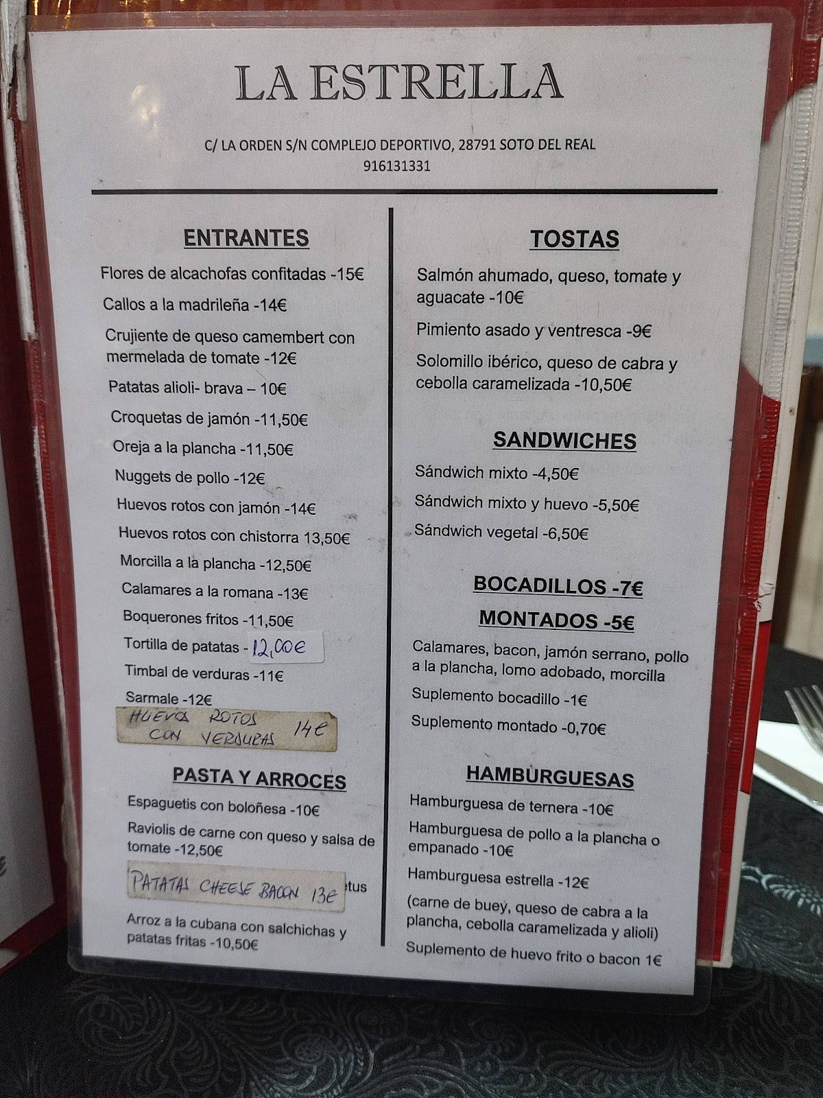 Carta del restaurante La Estrella, Soto del Real