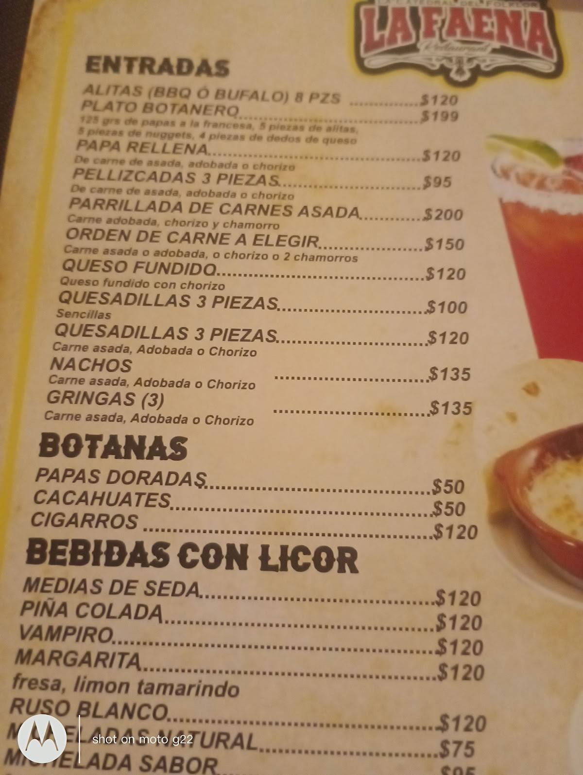 Carta del pub y bar La Faena, Guadalajara, Motolinía 100