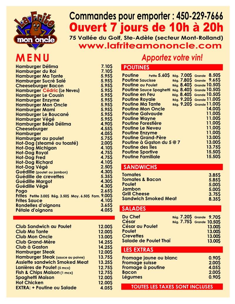 Menu au La Frite A Mon Oncle restaurant, Sainte-Adèle, 75 Rue de la ...