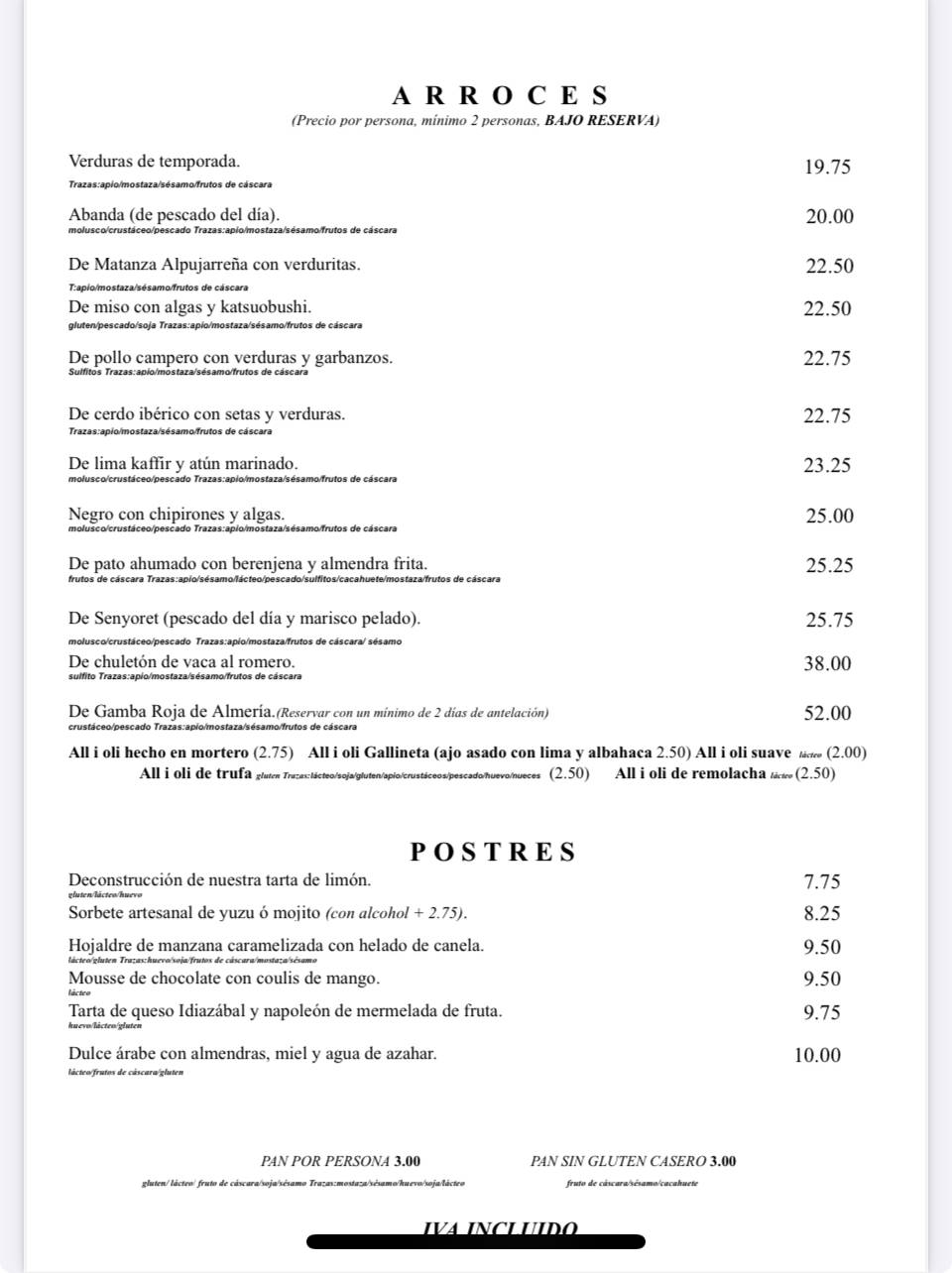 Carta de Restaurante La Gallineta, El Pozo de los Frailes