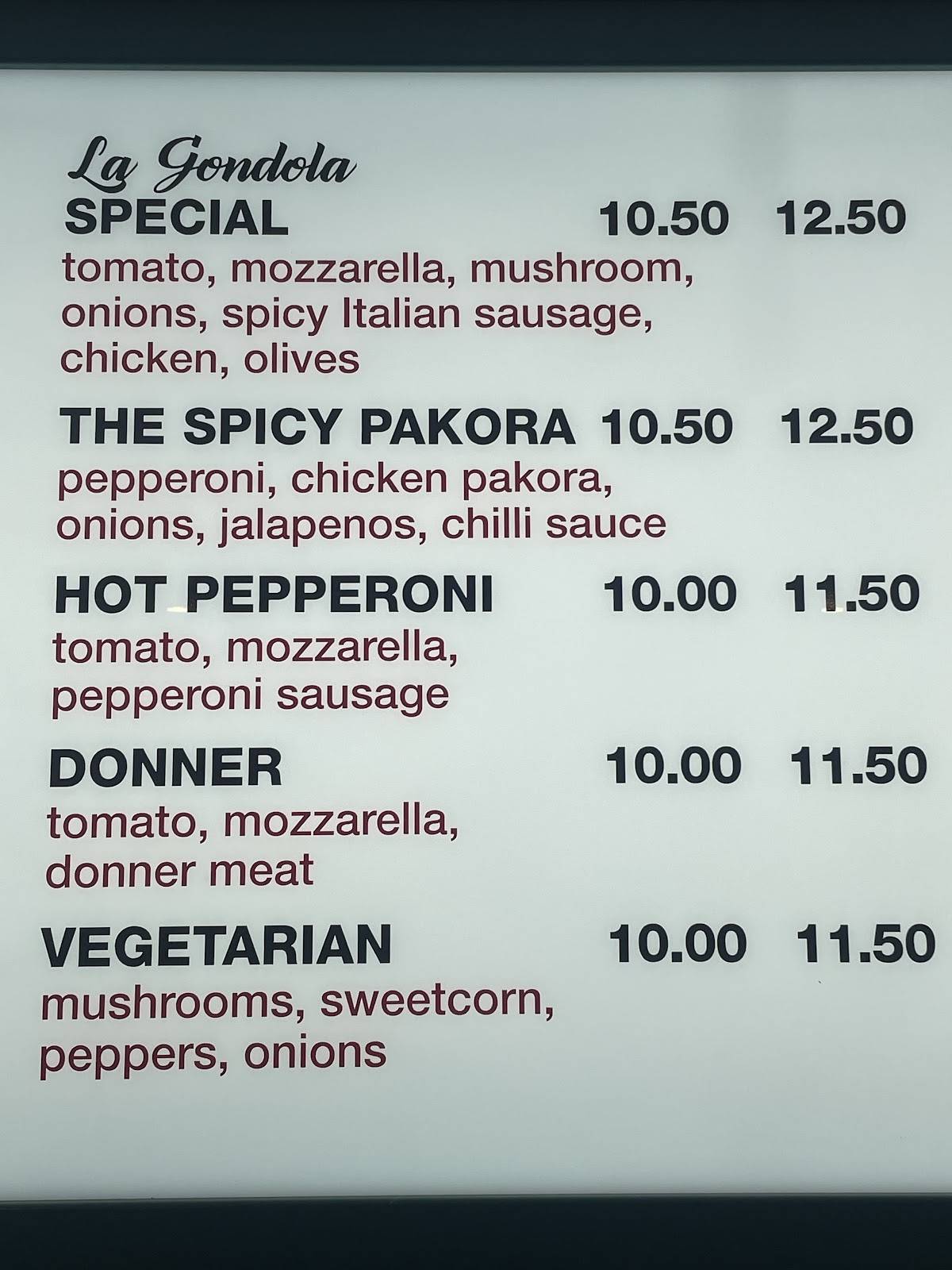 Menu at La Gondola fast food, Grangemouth