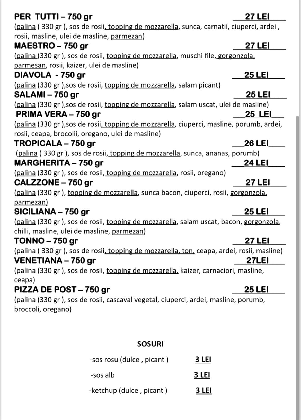Menu at La Grasu, Târgoviște