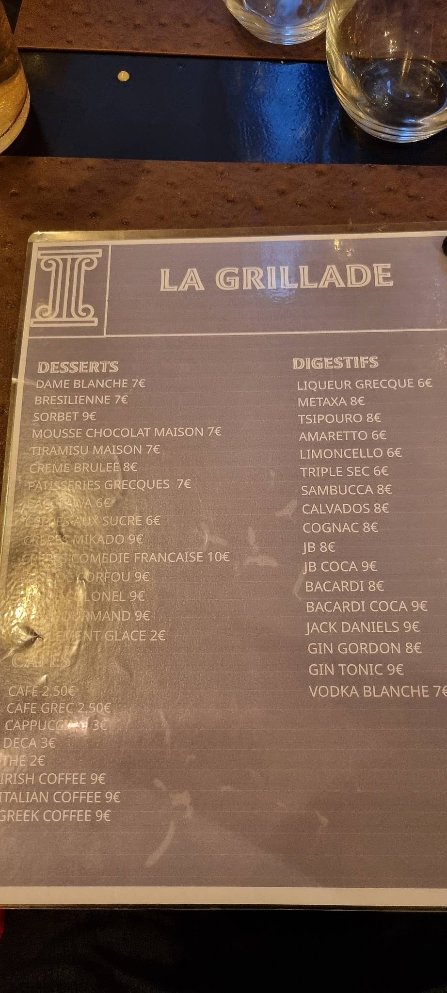 Menu au La Grillade, Mons