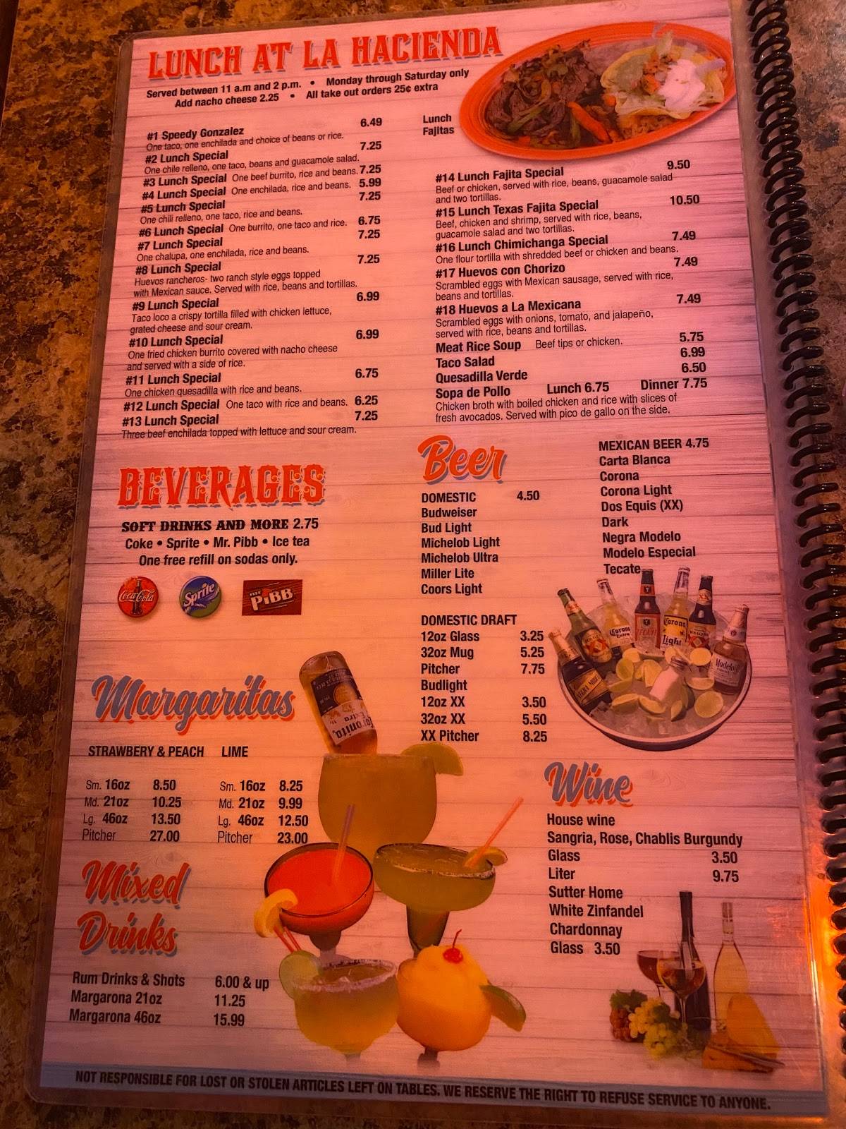 Menu at La Hacienda restaurant, Americus