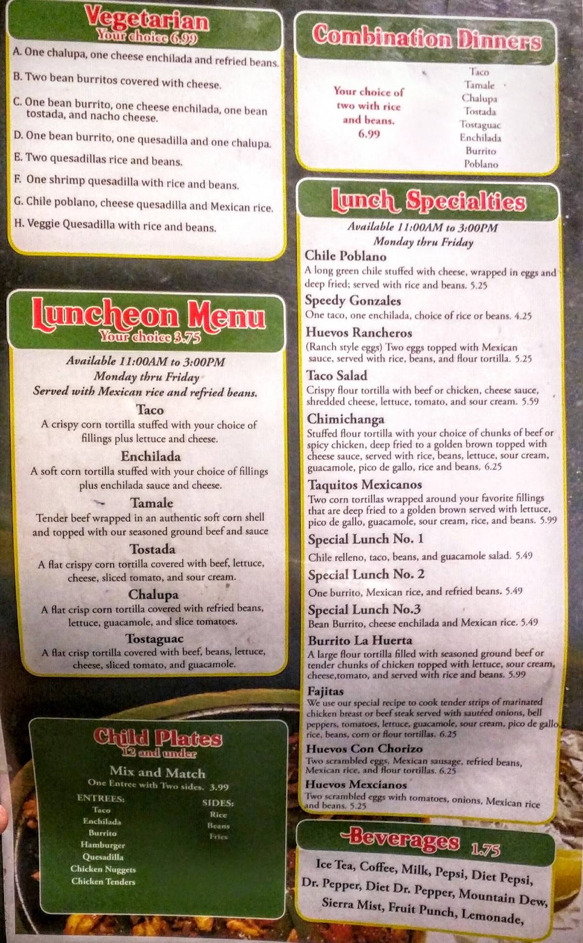 Menu at La Huerta Mexican Restaurant, Russellville, N Arkansas Ave