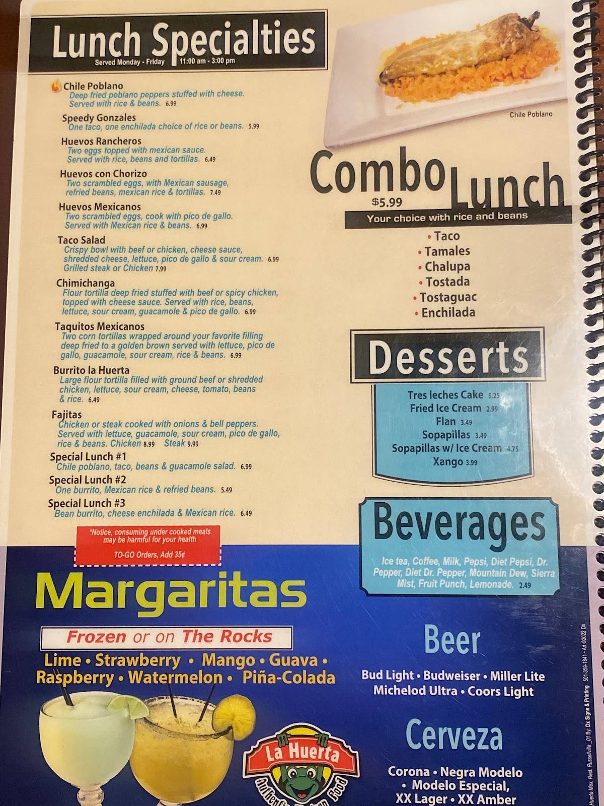 Menu at La Huerta Mexican Restaurant, Russellville, N Arkansas Ave