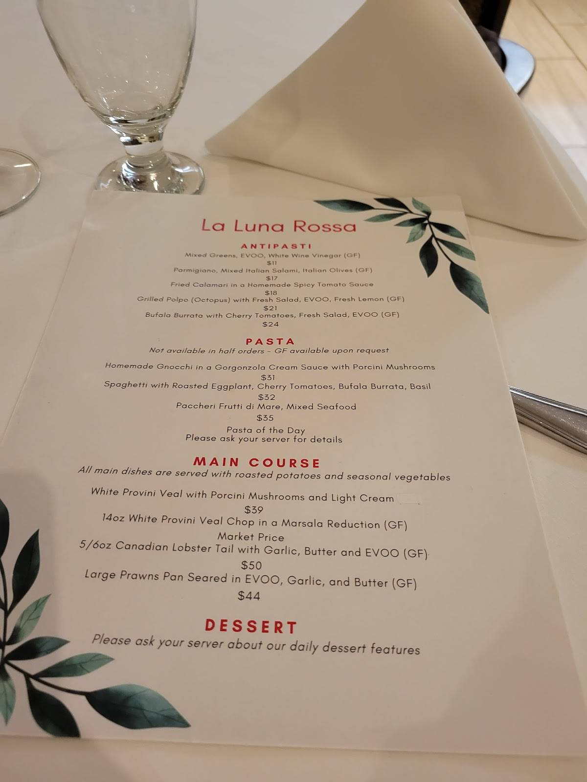 Menu at La Luna Rossa Ristorante restaurant, Calgary, -C Edmonton Trl