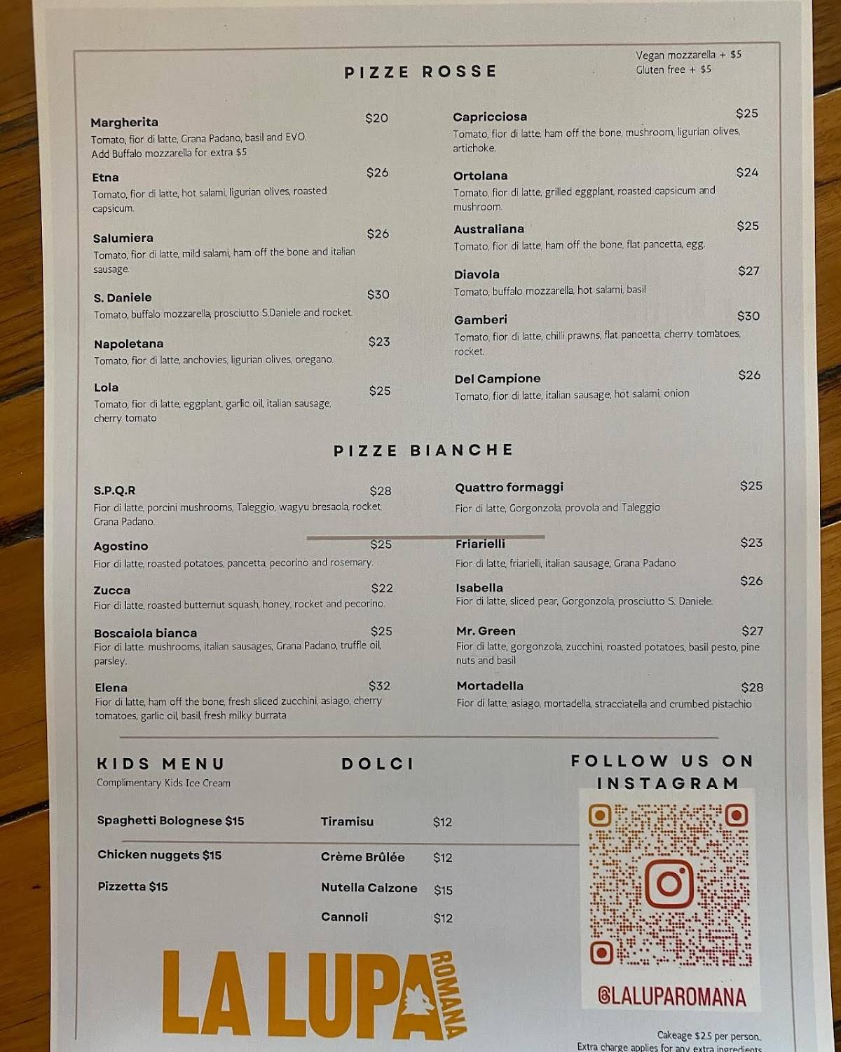 Menu at La Lupa Romana Pizza e Gnocchi Bar, Montrose