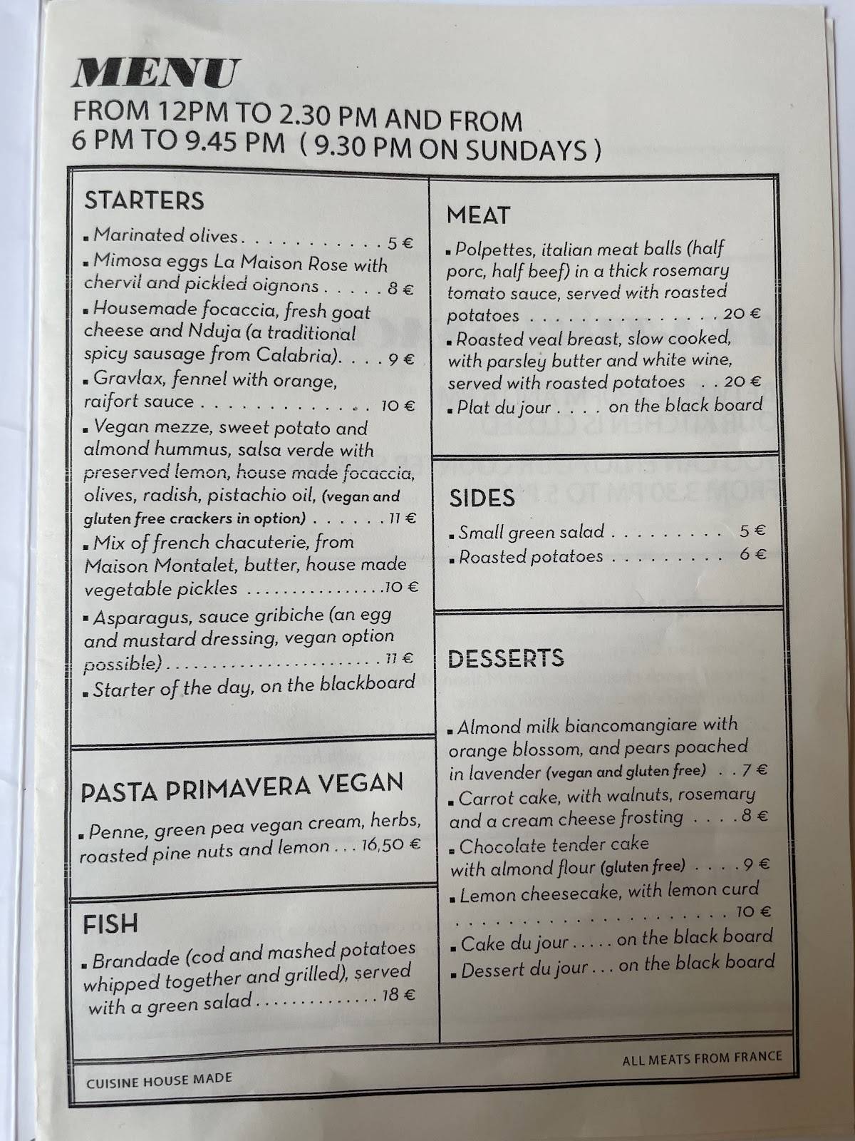 Menu at La Maison Rose restaurant, Paris, 2 Rue de l'Abreuvoir