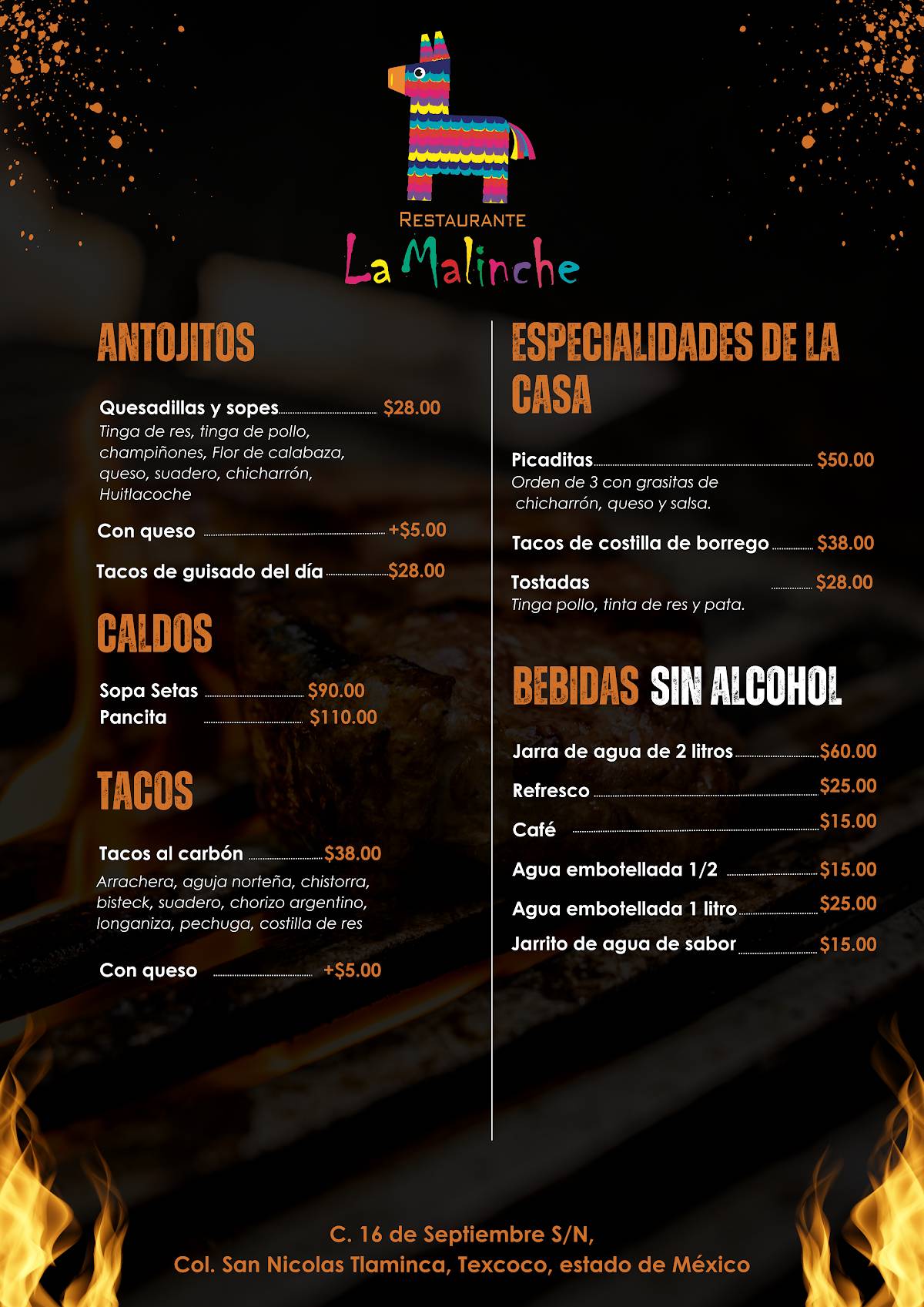 Carta del restaurante La Malinche Texcoco, Texcoco del Mora