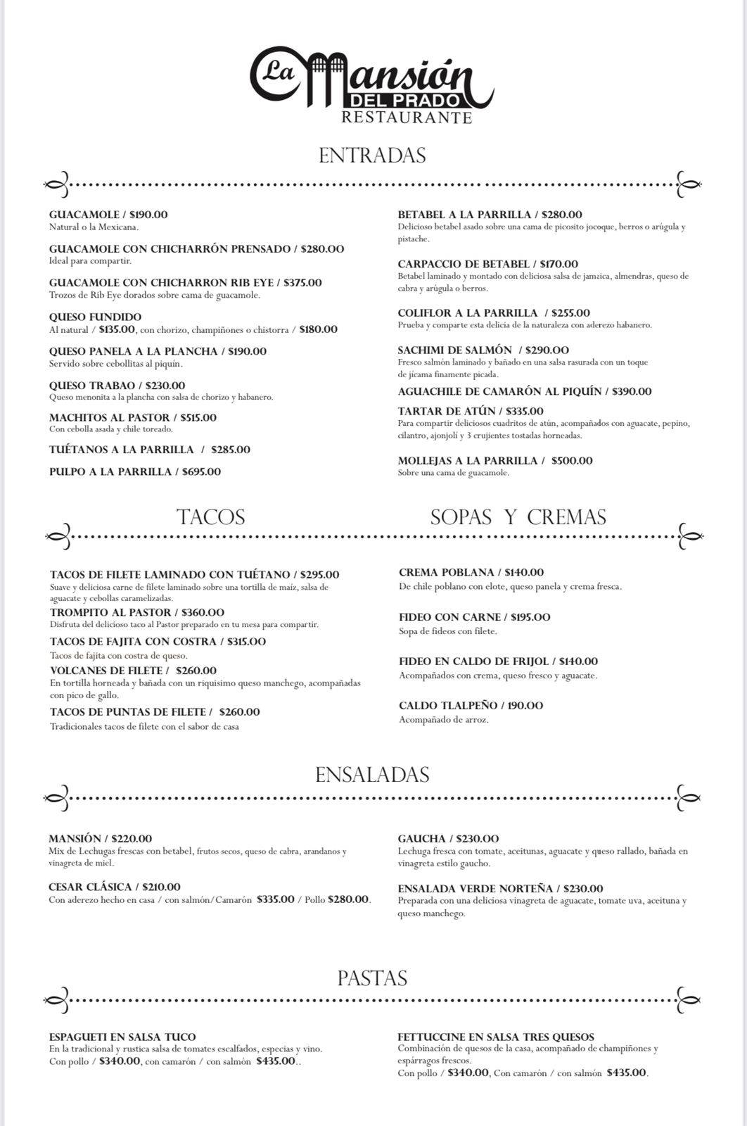 Menu at La Mansion Del Prado restaurant, Reynosa, Emilio Portes Gil S/N