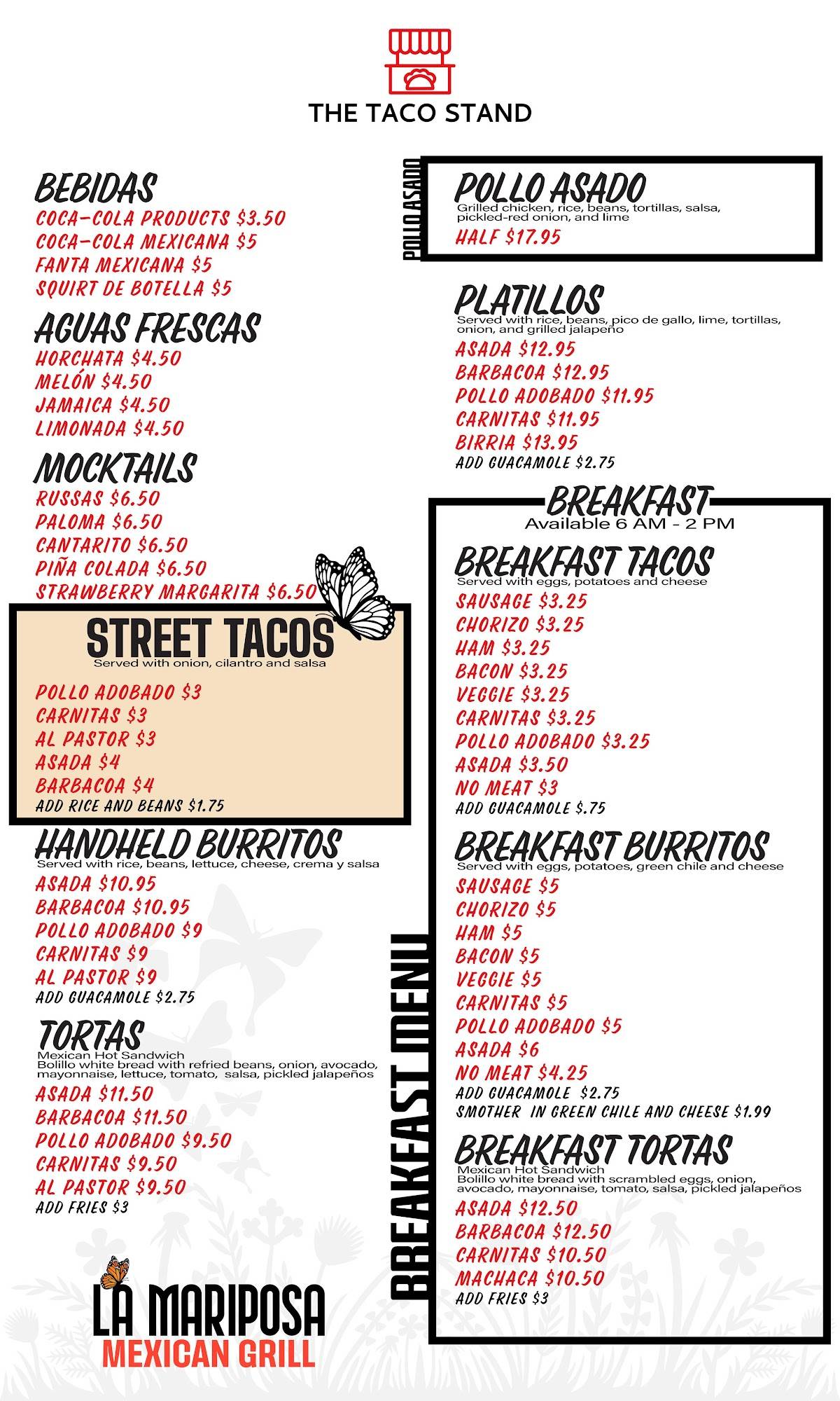 Menu at La Mariposa Mexican Grill restaurant, Loveland