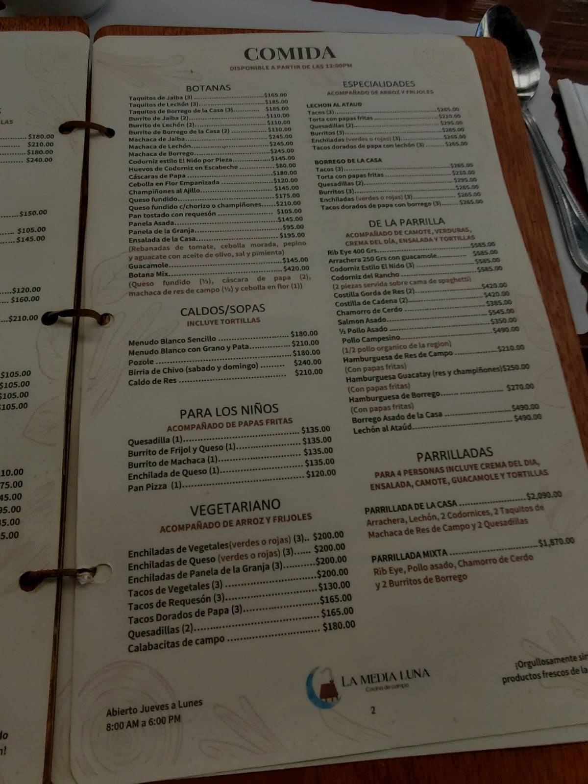 Carta de La Media Luna Restaurante, Rosarito
