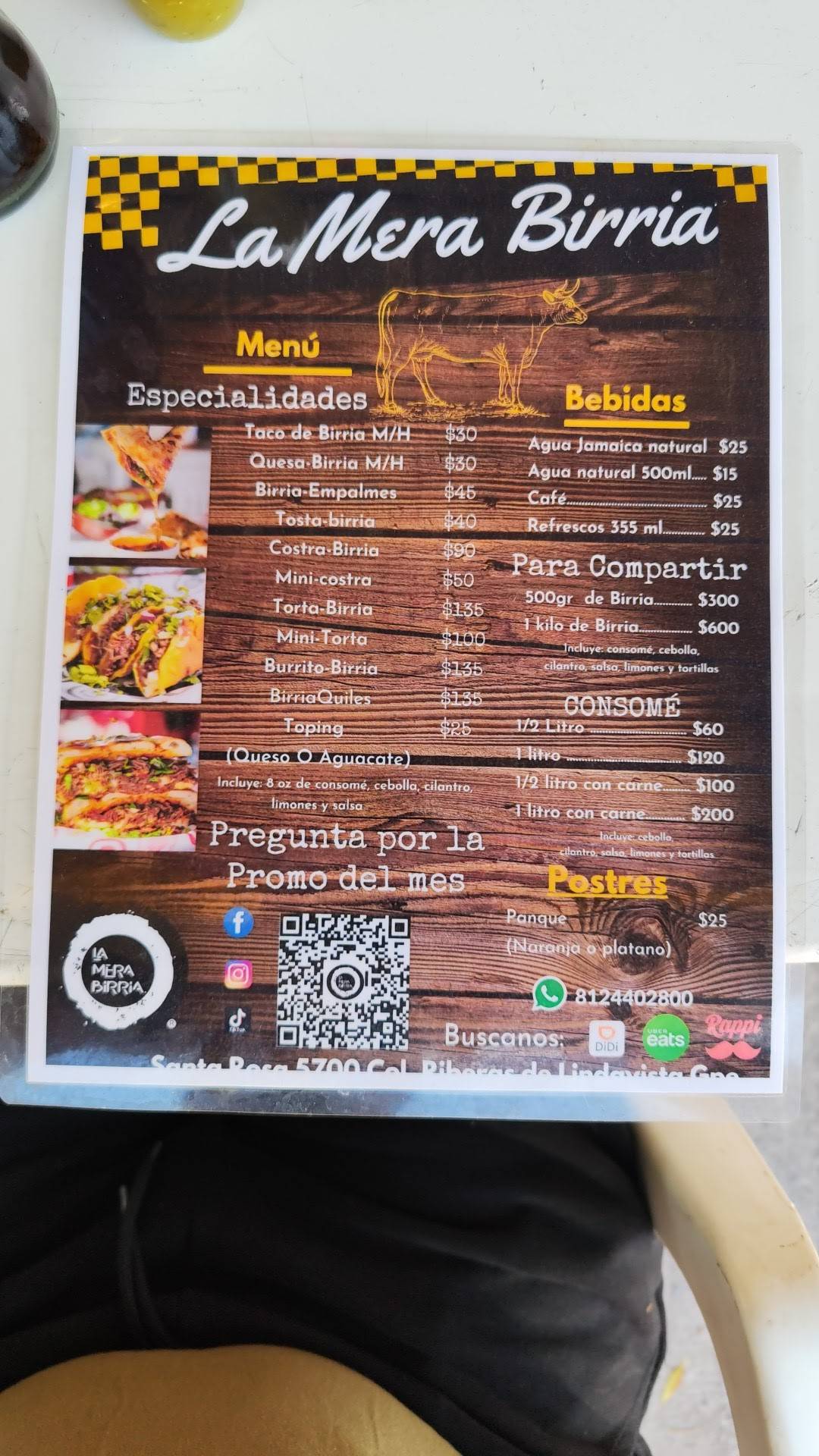 Carta del restaurante La Mera Birria MTY, Guadalupe