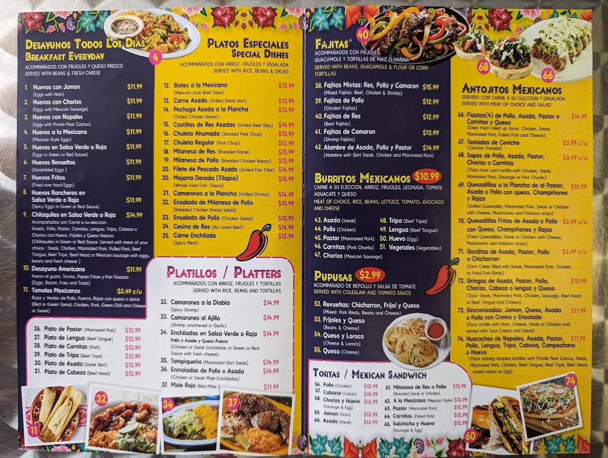 Menu at La Mixteca restaurant, Fort Lauderdale