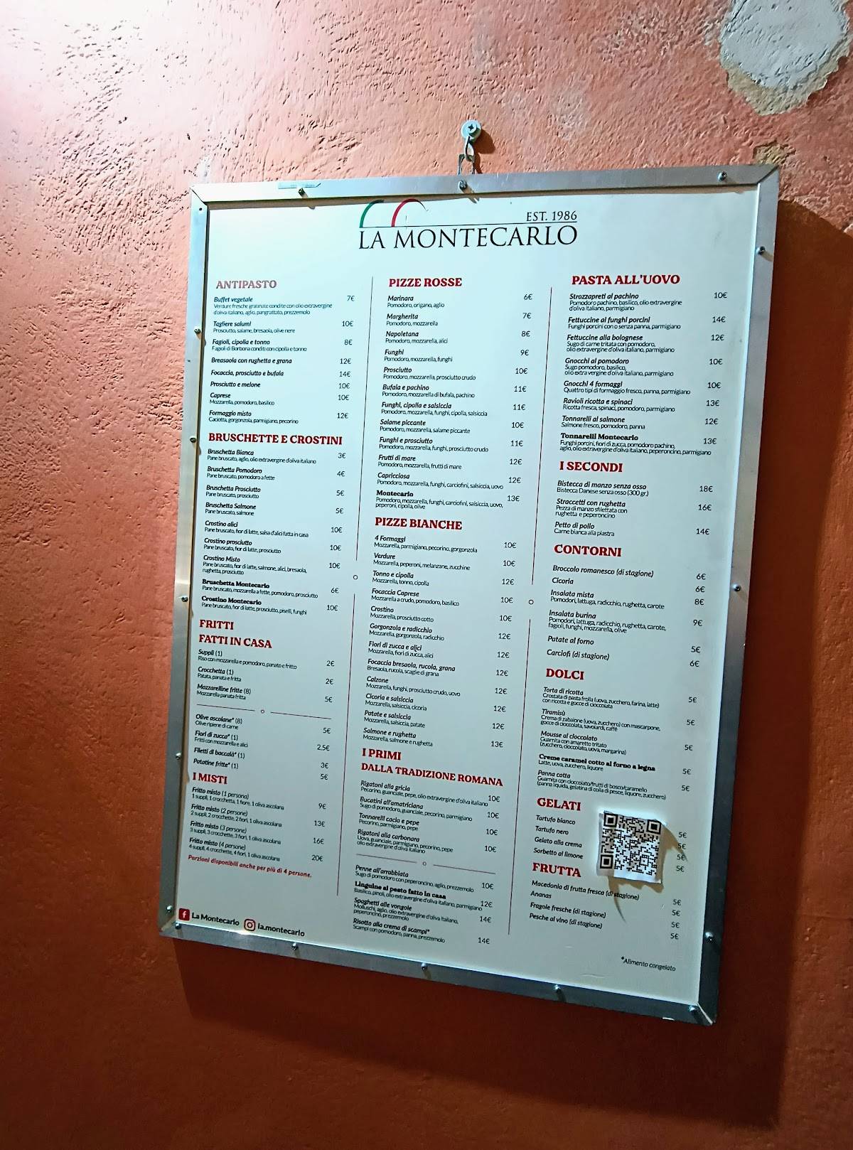 Menu at La Montecarlo pizzeria, Rome, Vicolo Savelli