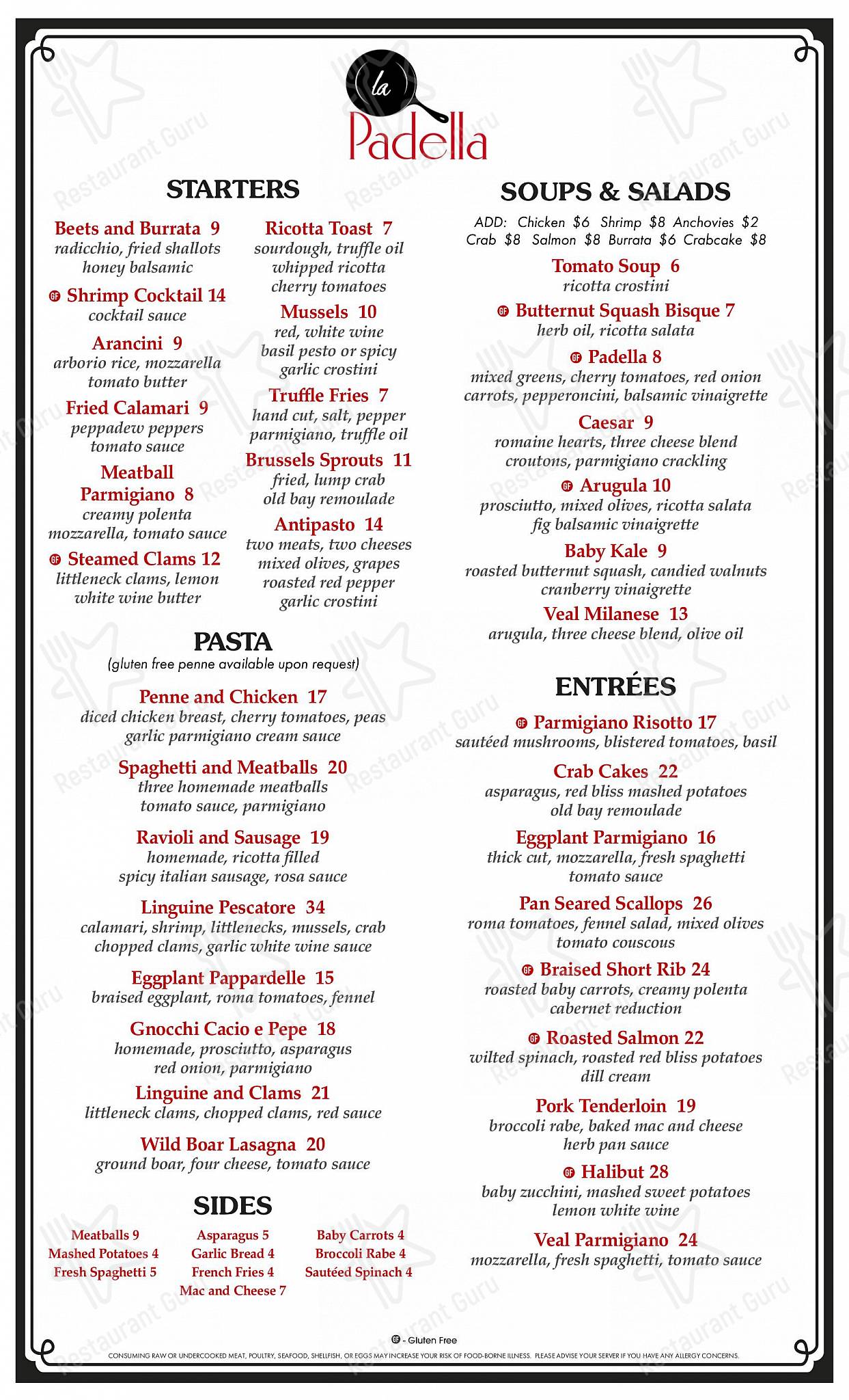 Menu at la Padella restaurant, Media