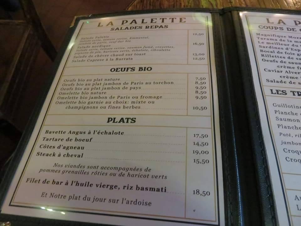 Menu at La Palette restaurant, Paris, 43 Rue de Seine
