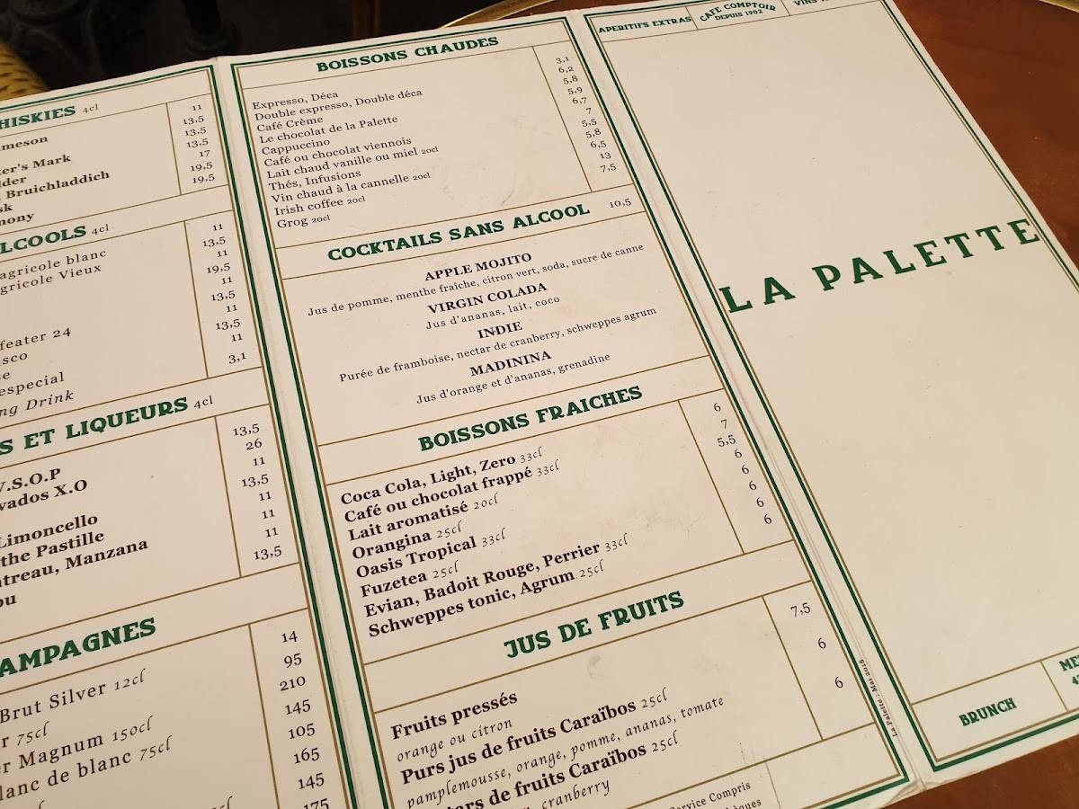 Menu at La Palette restaurant, Paris, 43 Rue de Seine