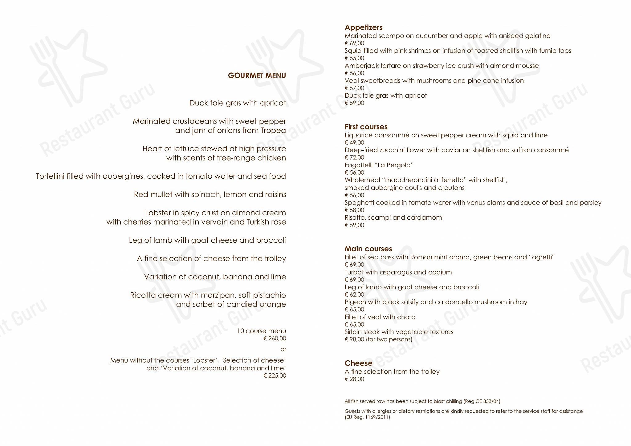 Menu at La Pergola restaurant, Rome, Via Alberto Cadlolo