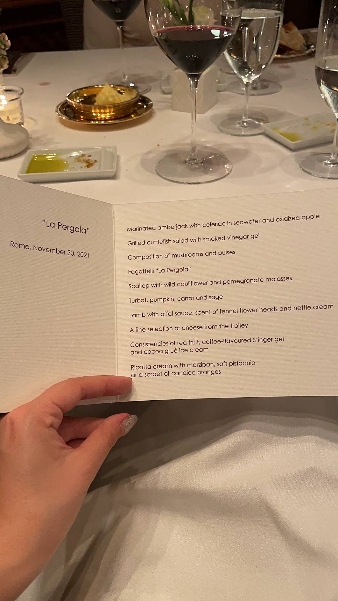 Menu at La Pergola restaurant, Rome, Via Alberto Cadlolo