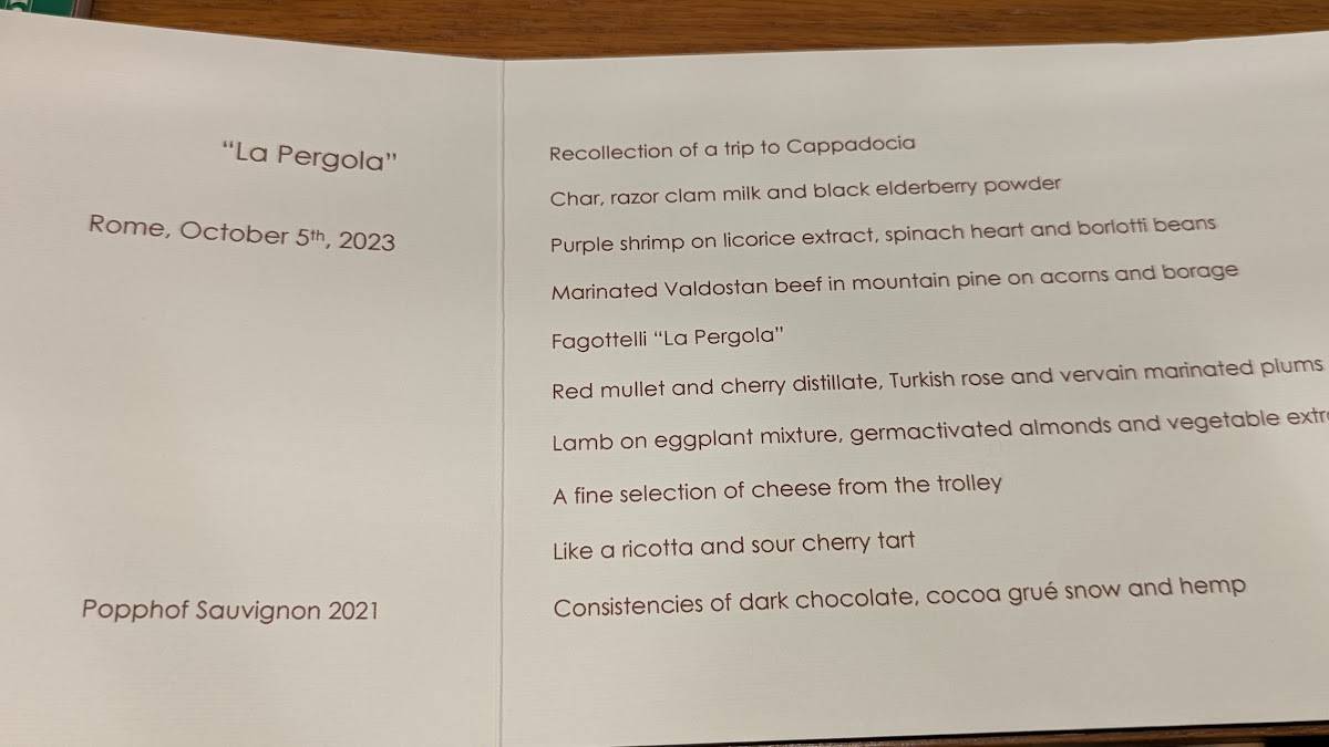 Menu at La Pergola restaurant, Rome, Via Alberto Cadlolo