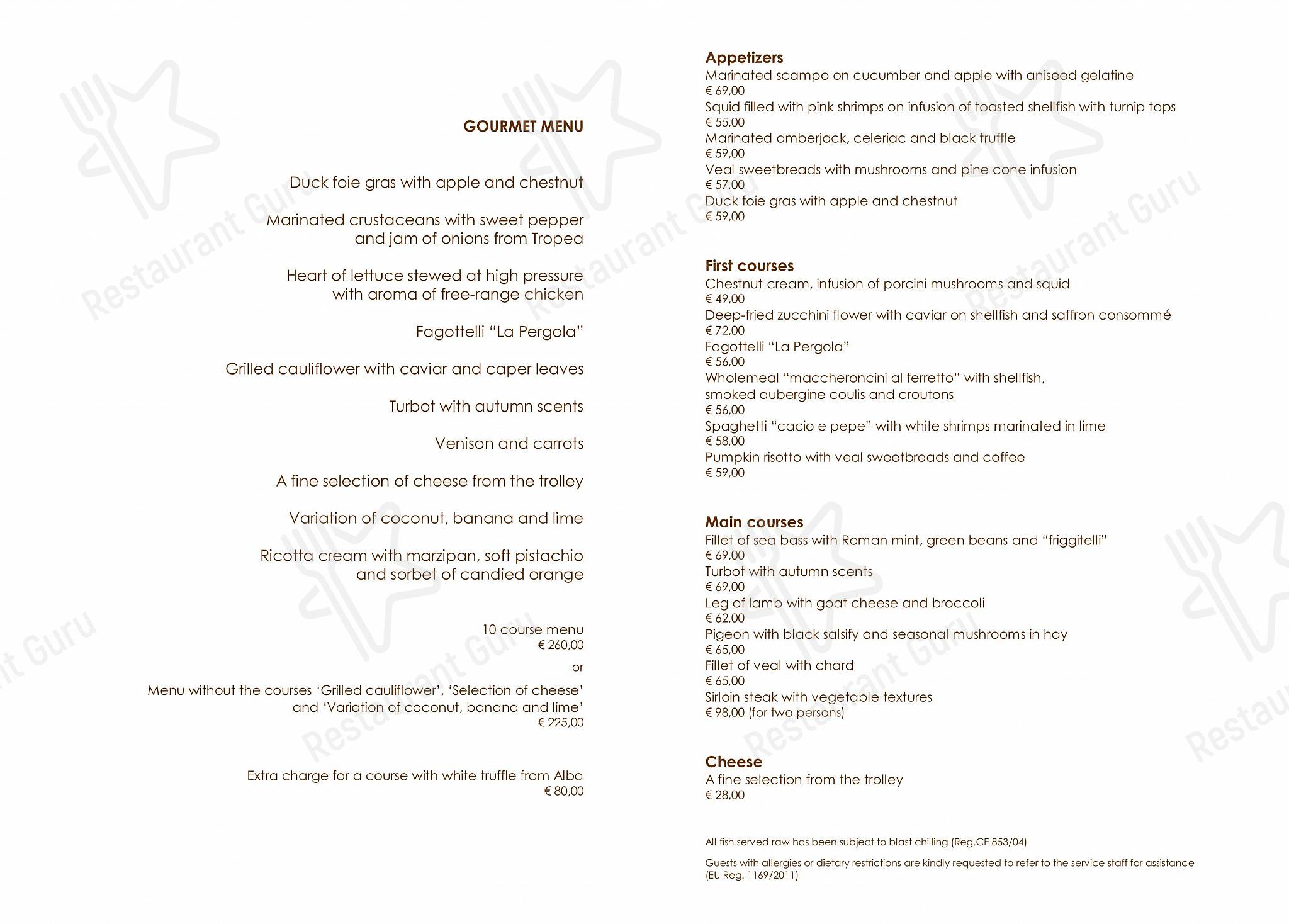 Menu da La Pergola ristorante, Roma, Via Alberto Cadlolo