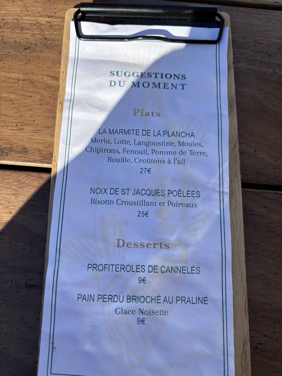 Menu au La Plancha restaurant, Bidart