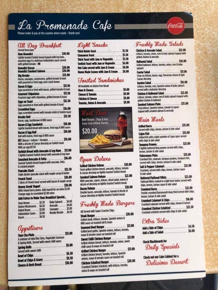 Menu at La Promenade Cafe, Caloundra