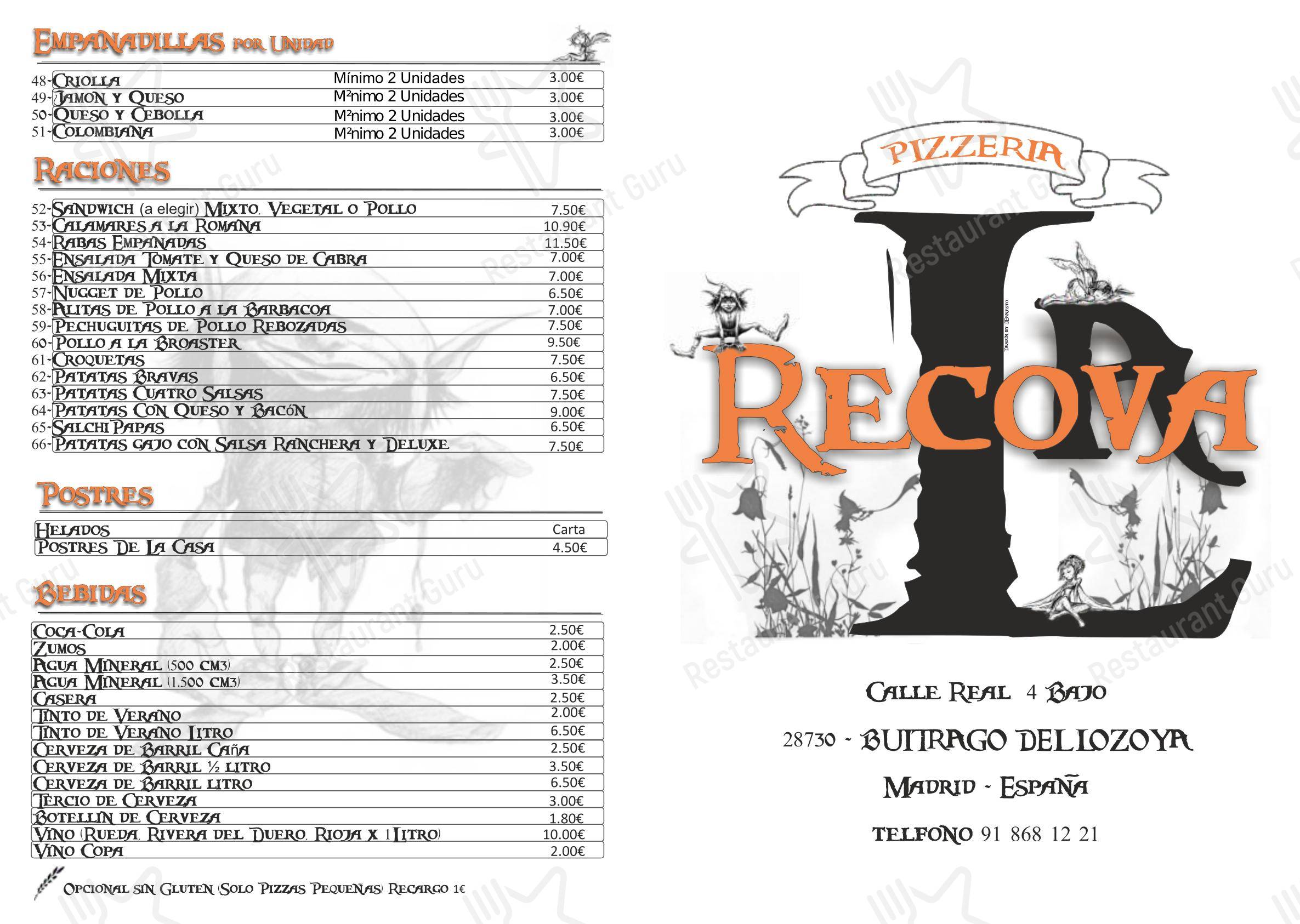 Carta de Pizzeria la Recova, Buitrago del Lozoya