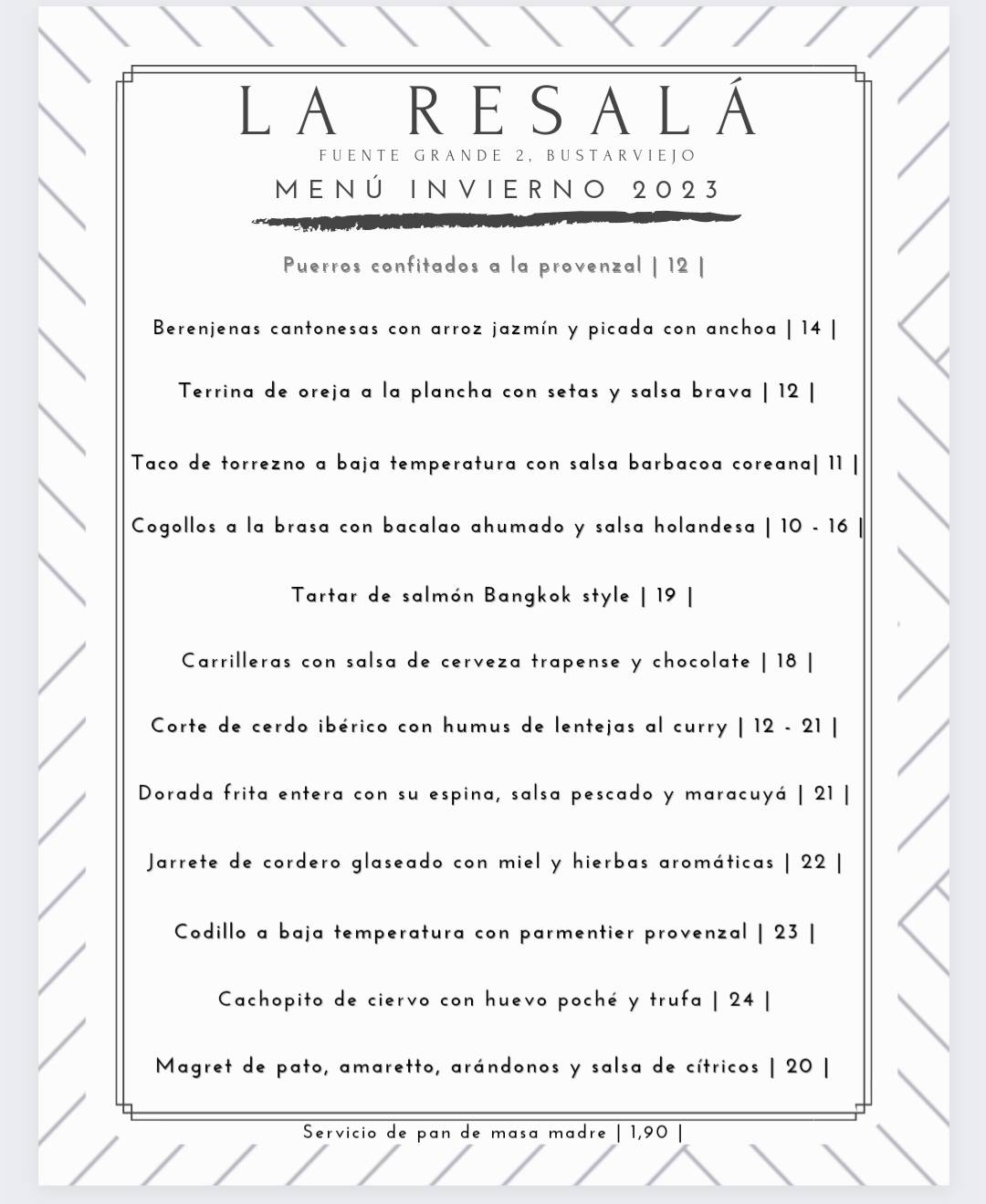 Carta de La Resalá Restaurante, Bustarviejo