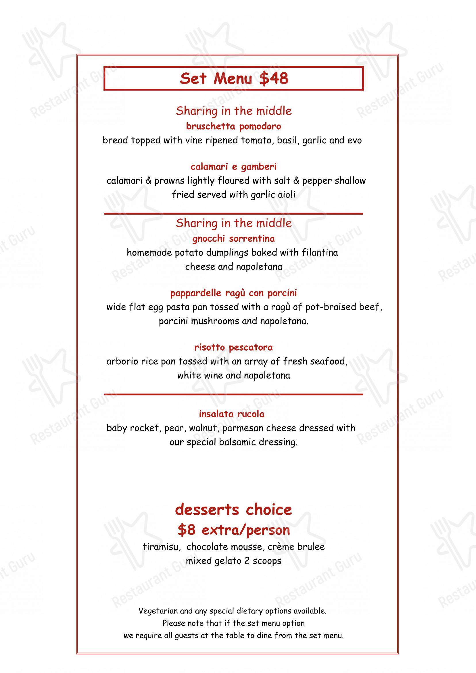 Carta del restaurante La Ricetta Ristorante Italiano Enmore, Enmore