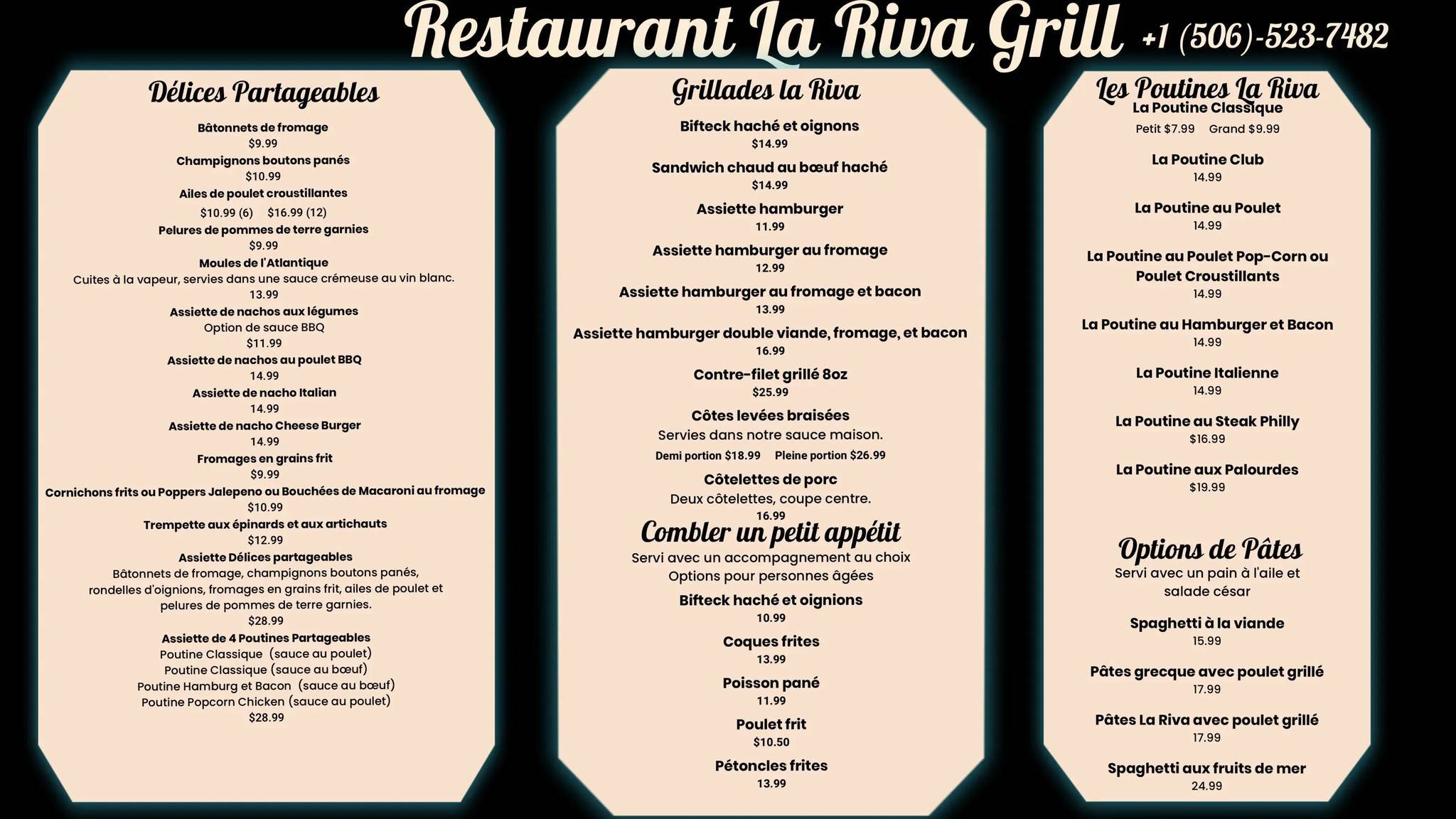 Menu at La Riva Grill restaurant, Richibucto, Rue Main