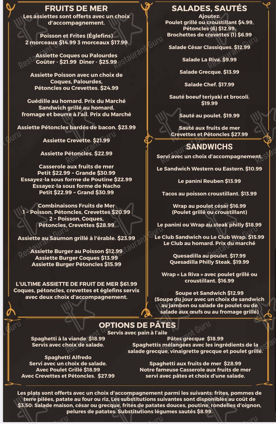 Menu at La Riva Grill restaurant, Richibucto, Rue Main