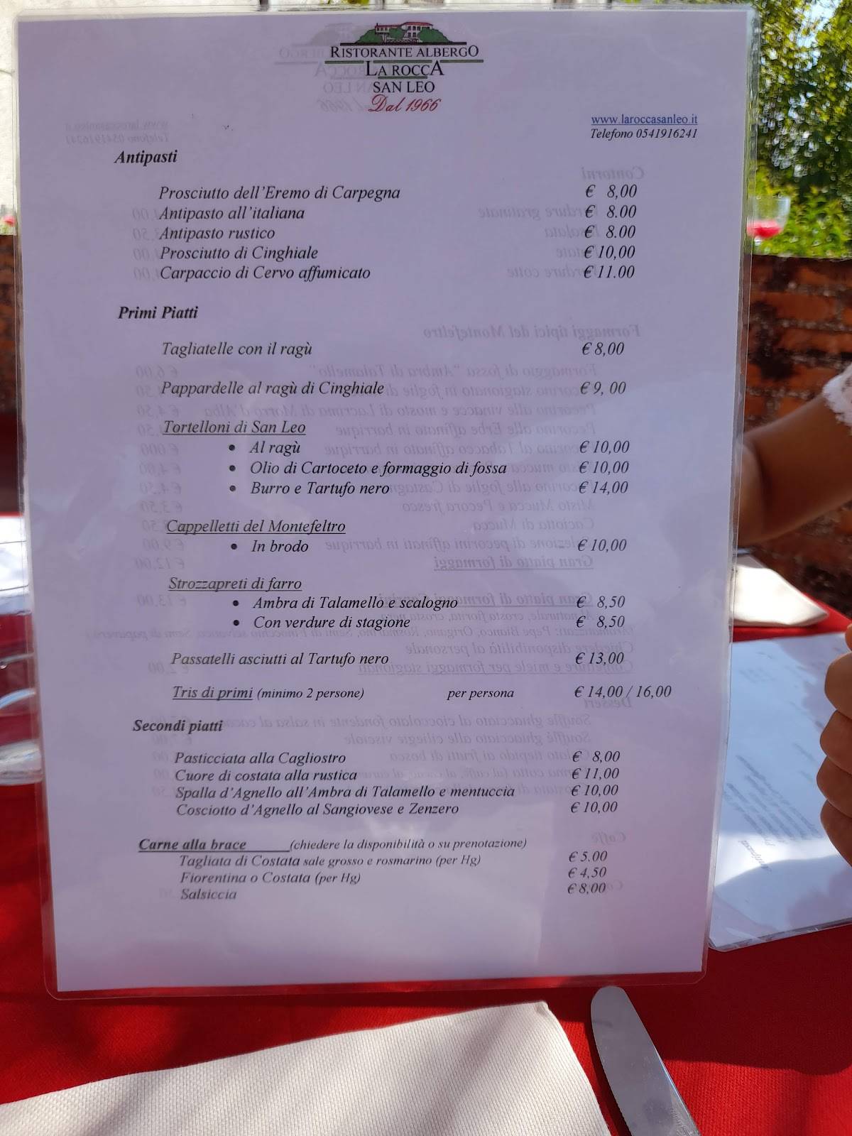 Menu at La Rocca restaurant, San Leo