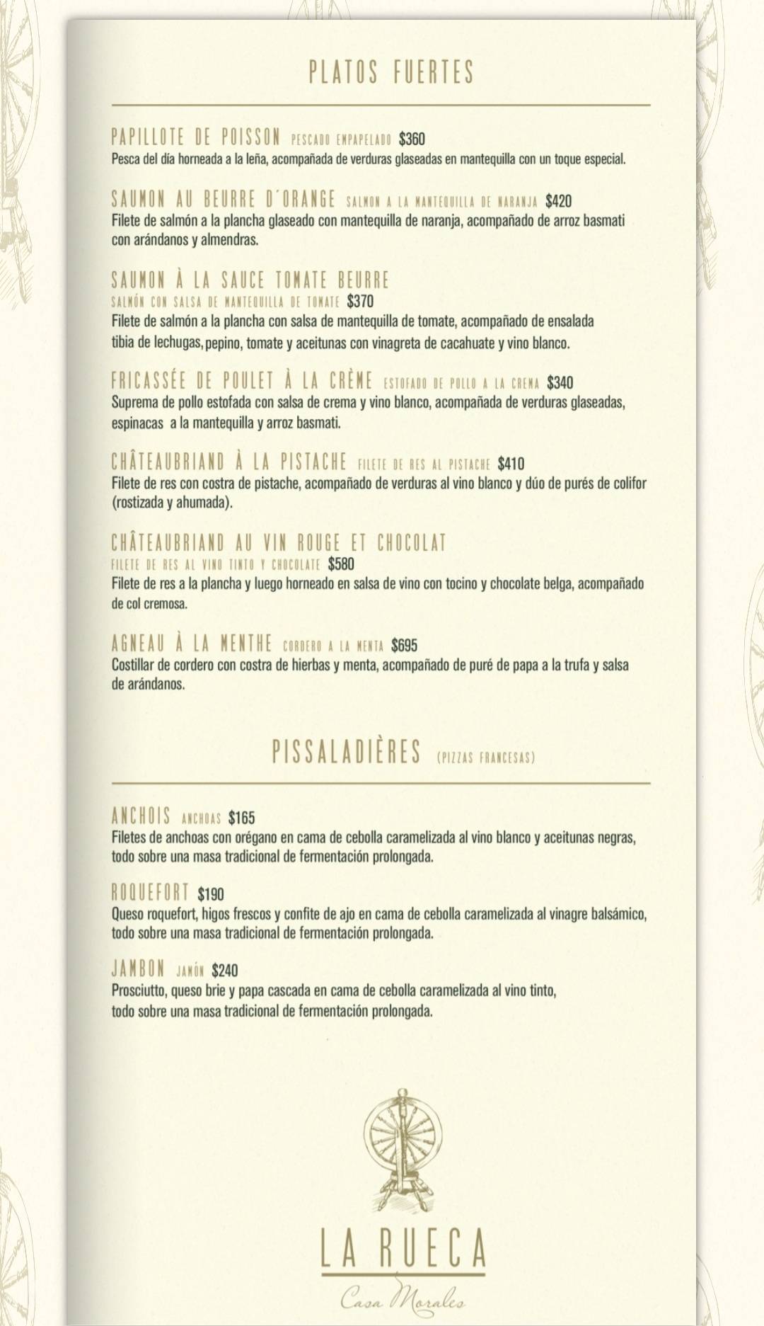 Carta de La Rueca Restaurante, Oaxaca