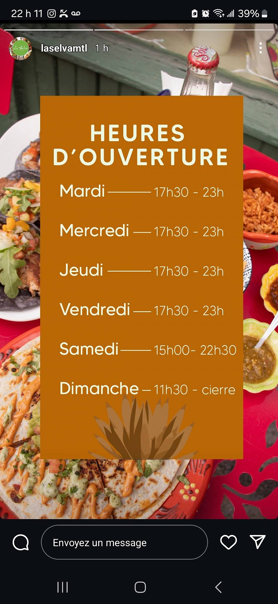 Menu au La Selva restaurant mexicain, Montréal