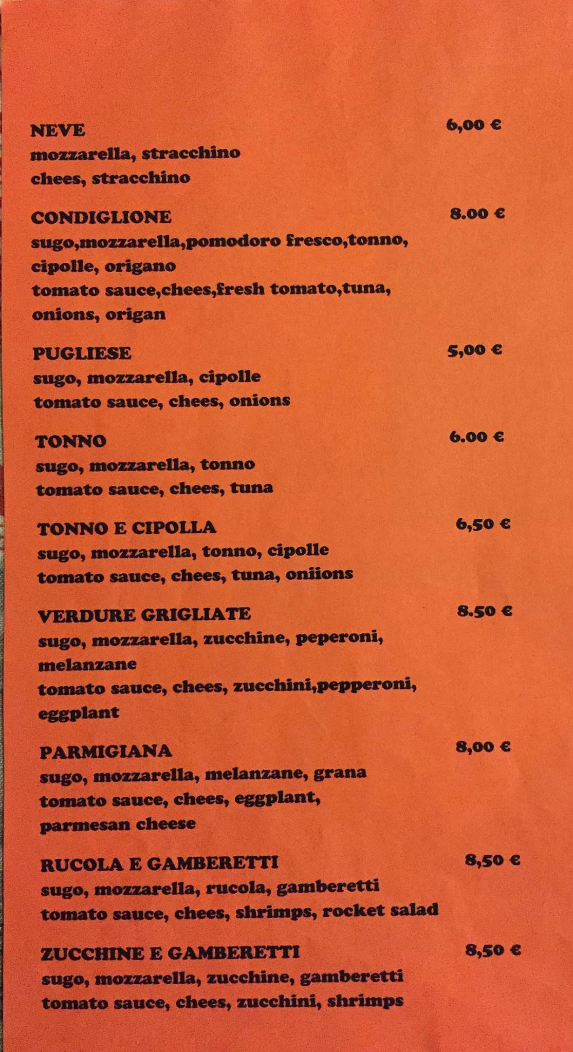 Menu da La Stua ristorante, Badalucco