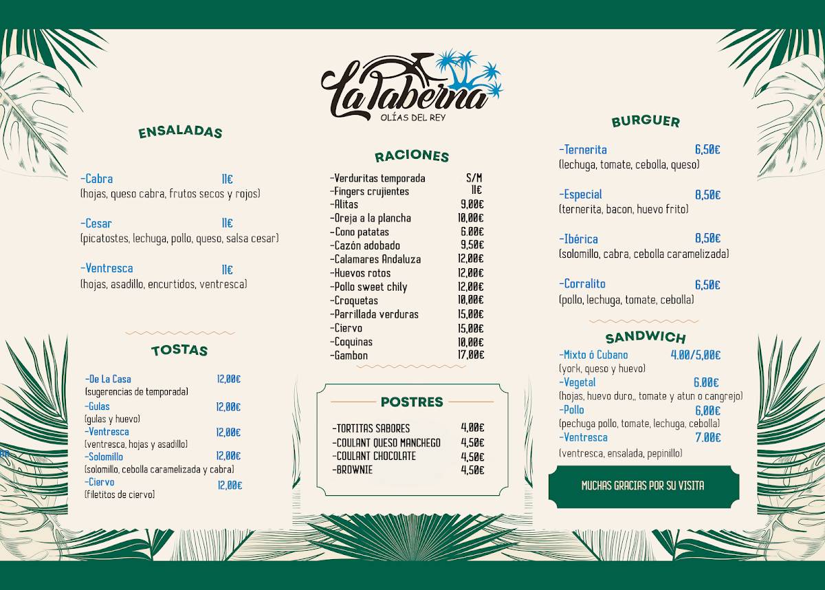 Carta del pub y bar La Taberna (Olías del Rey), Olías del Rey