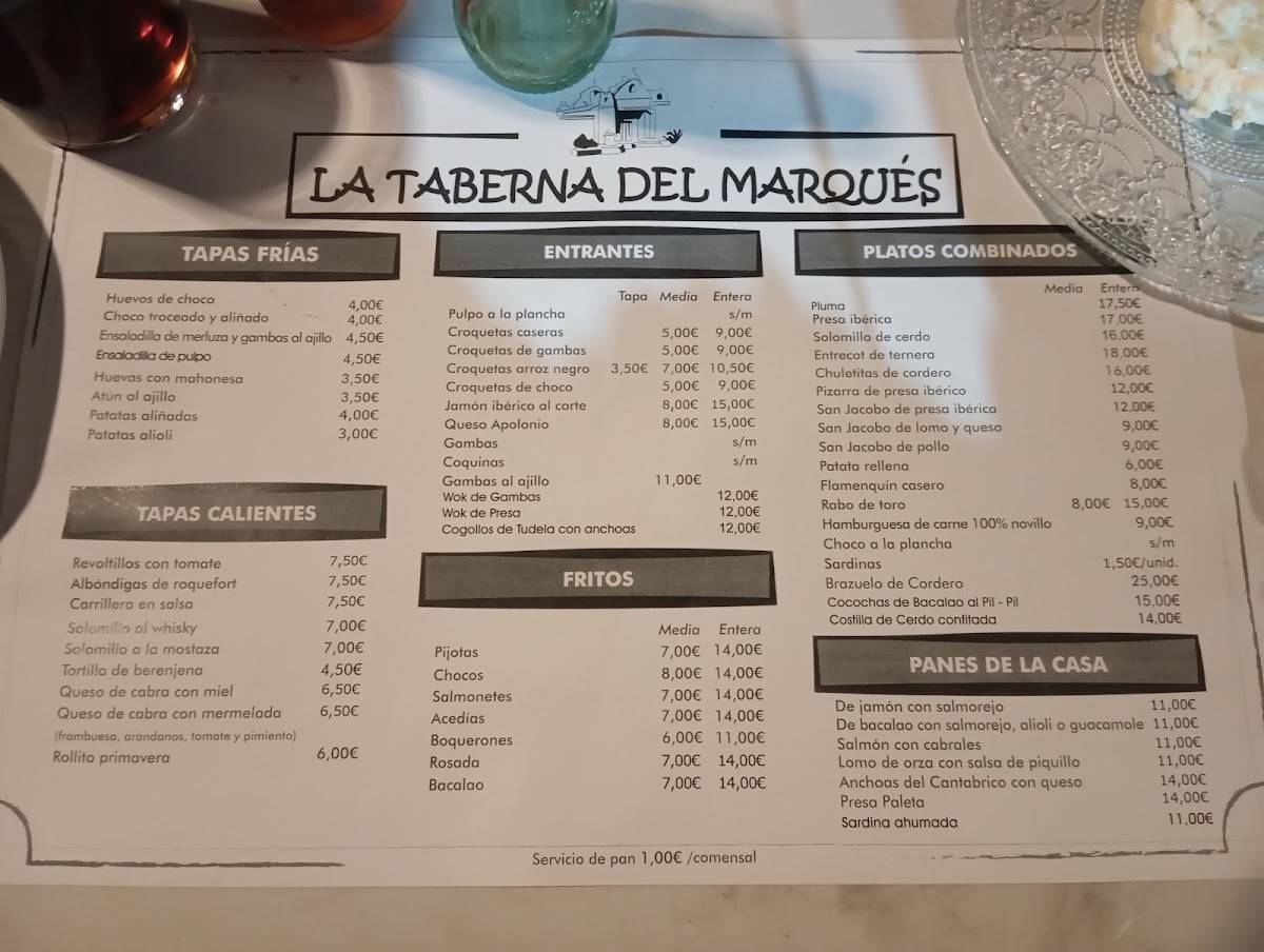 Carta del restaurante La Taberna del Marqués, Mazagón