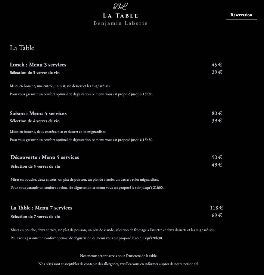 Menu au La Table Benjamin Laborie, Lasne