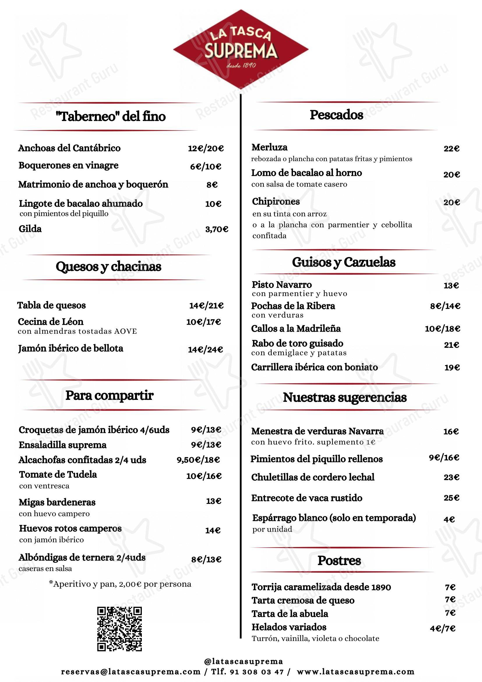 Carta del restaurante La Tasca Suprema, Madrid, C. del Argensola