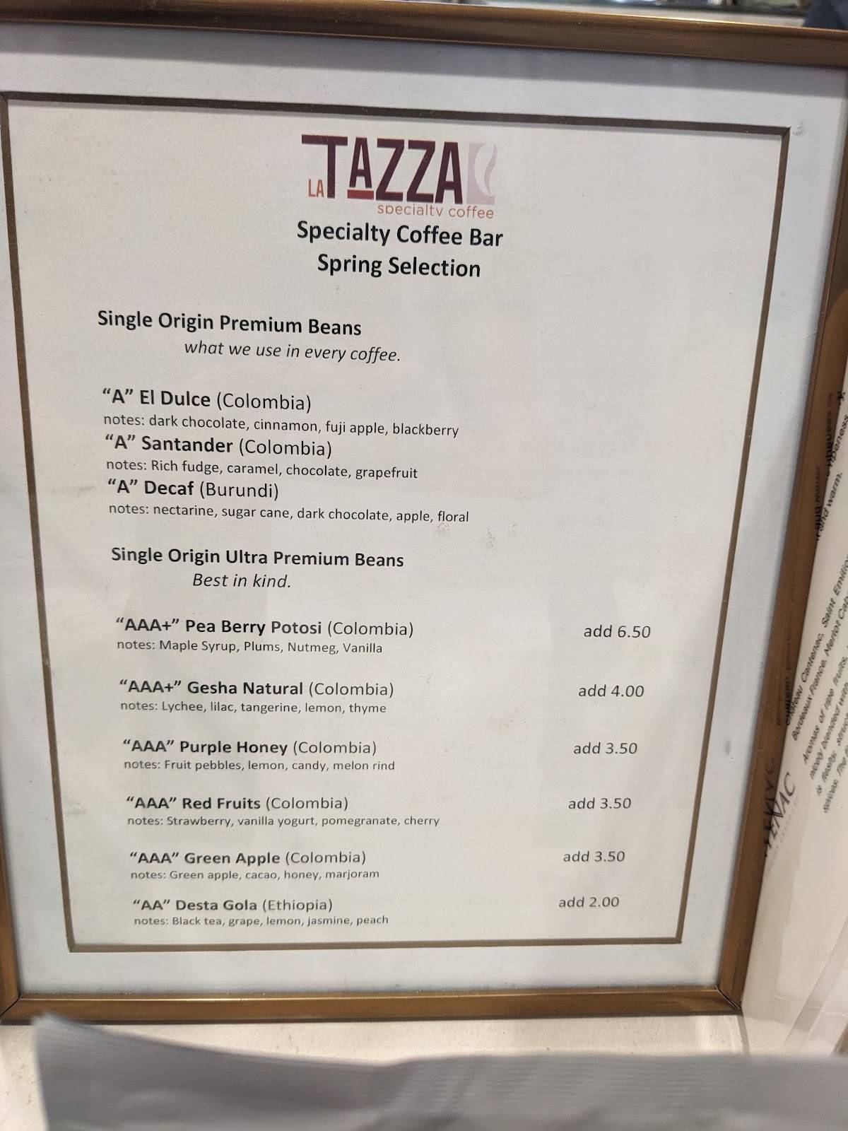 Menu at La Tazza Specialty Coffee desserts, Houston
