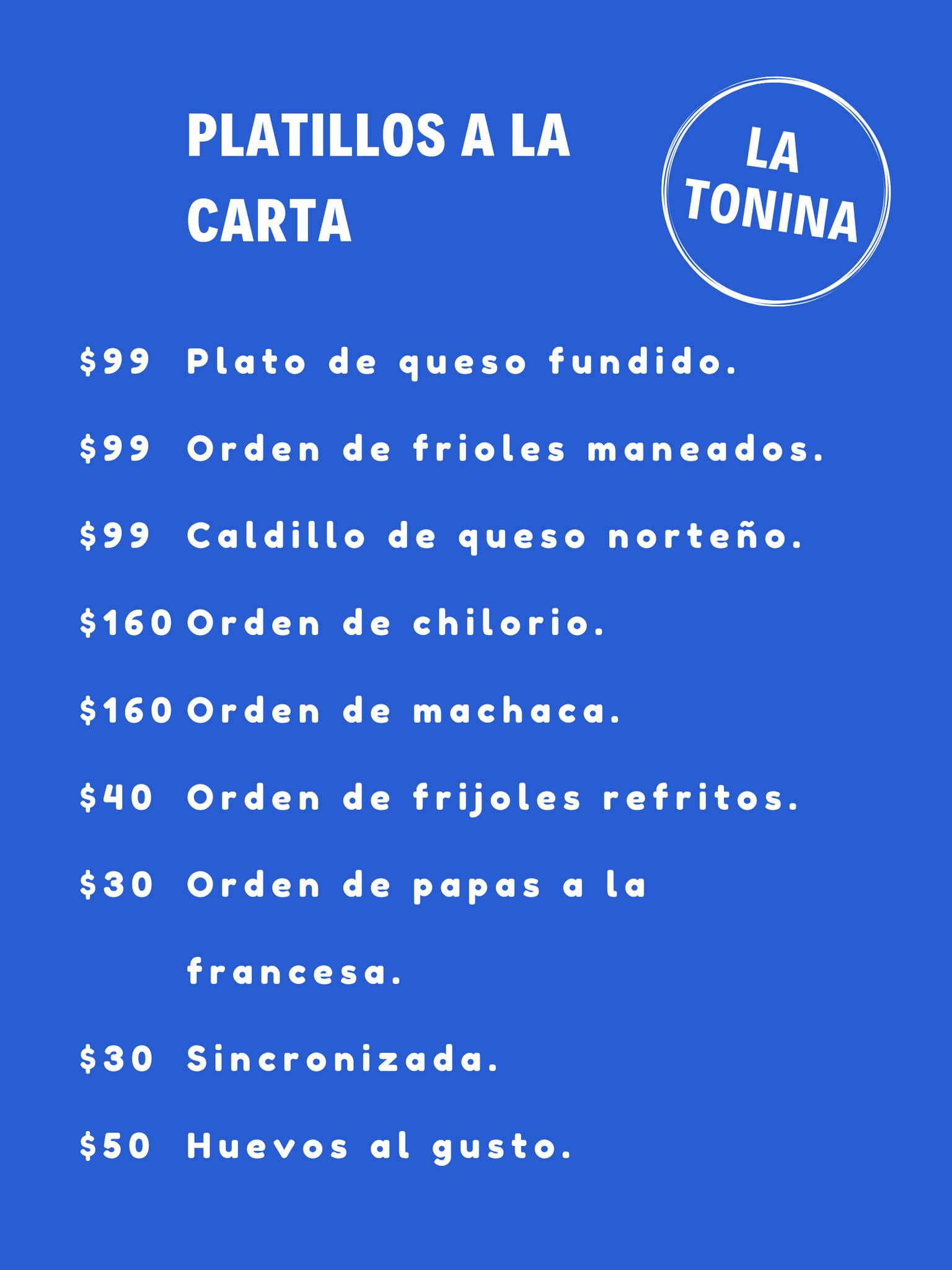Carta del restaurante La Tonina, Ciudad del México